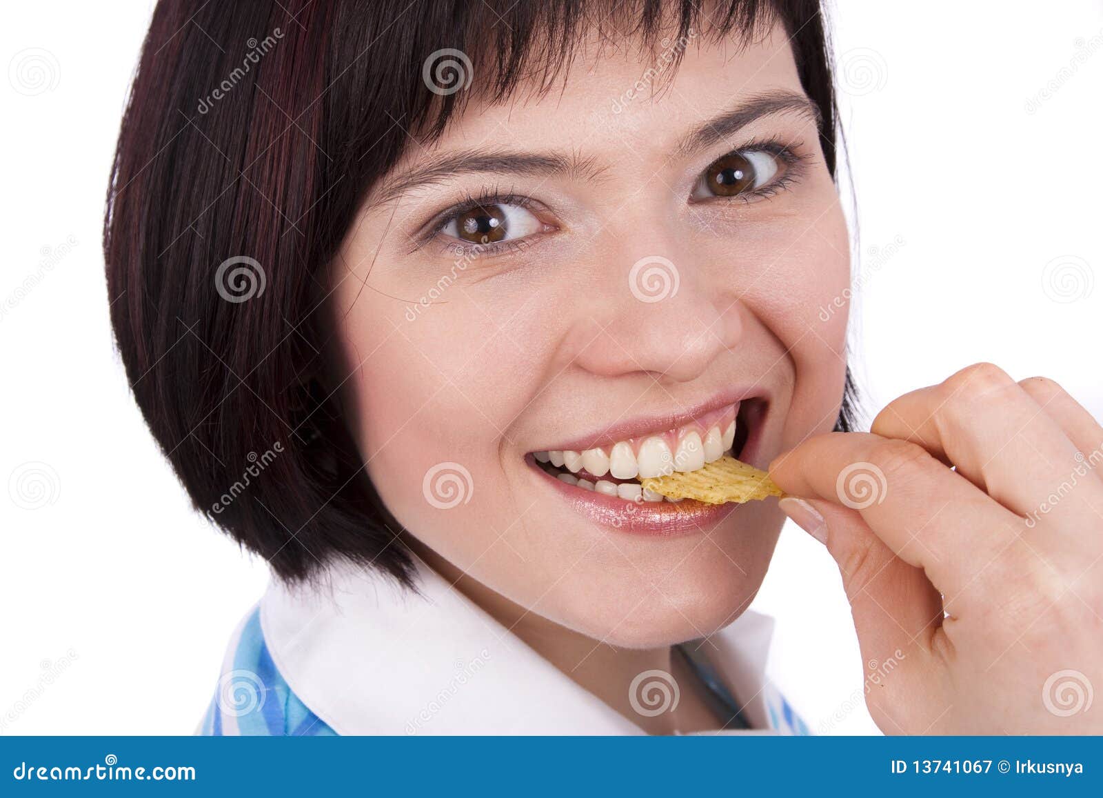 Young Woman Eating Potato Chips. Stock Image - Image of white, human ...
