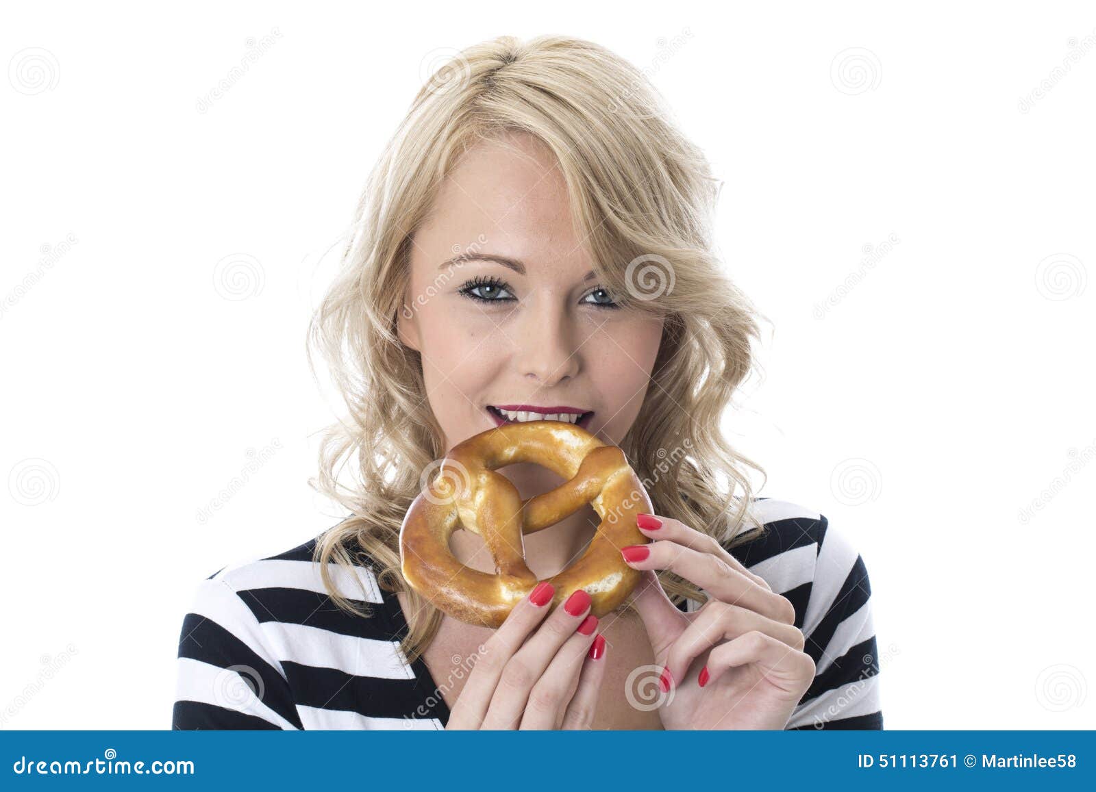 Young Woman Eating a Pretzel Stock Image - Image of slim, eating: 51113761