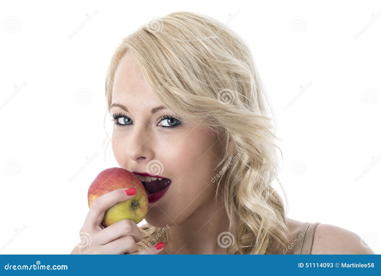 Young Woman Eating a Red Apple Stock Image - Image of food, pretty ...