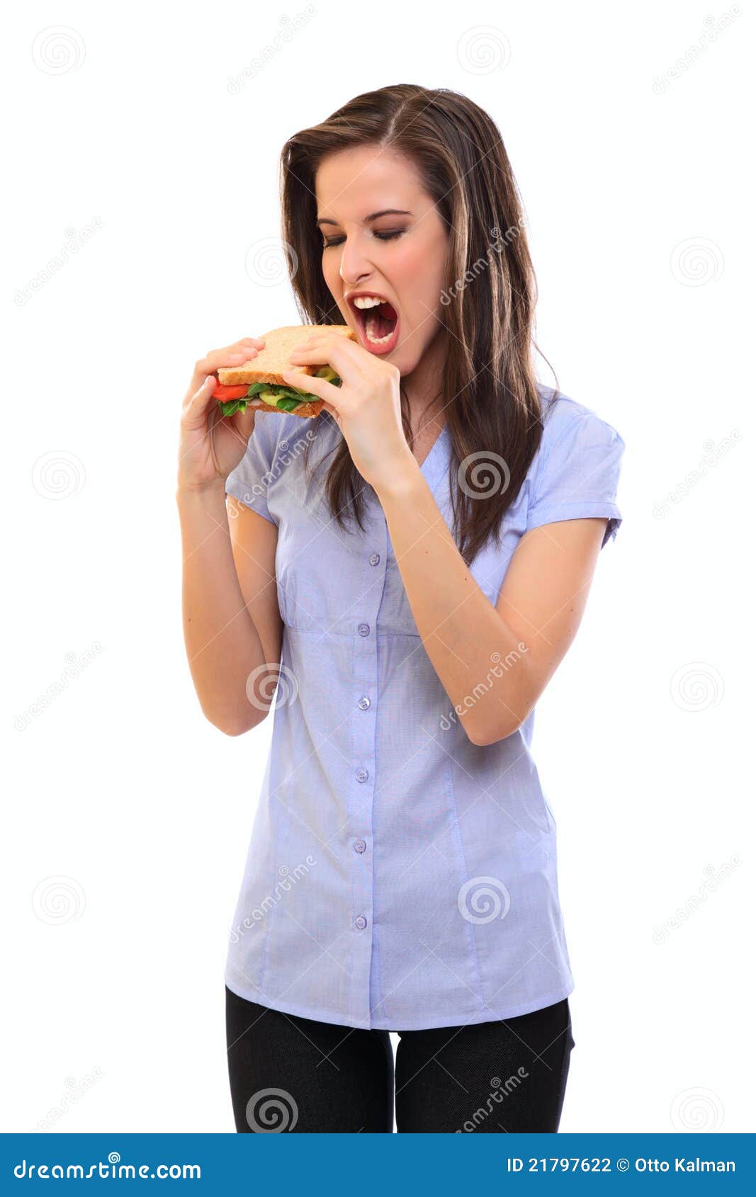 Young Woman Eating Sandwich Isolated on White Stock Photo - Image of ...