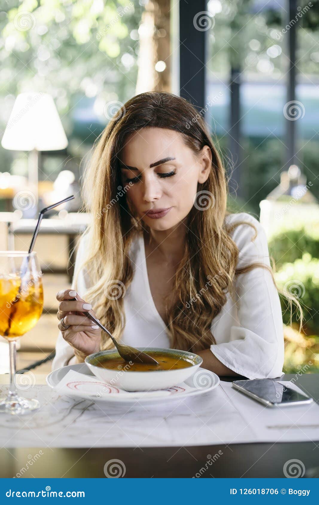 Young Woman Eating Soup in Restaurant Stock Photo - Image of delicious ...
