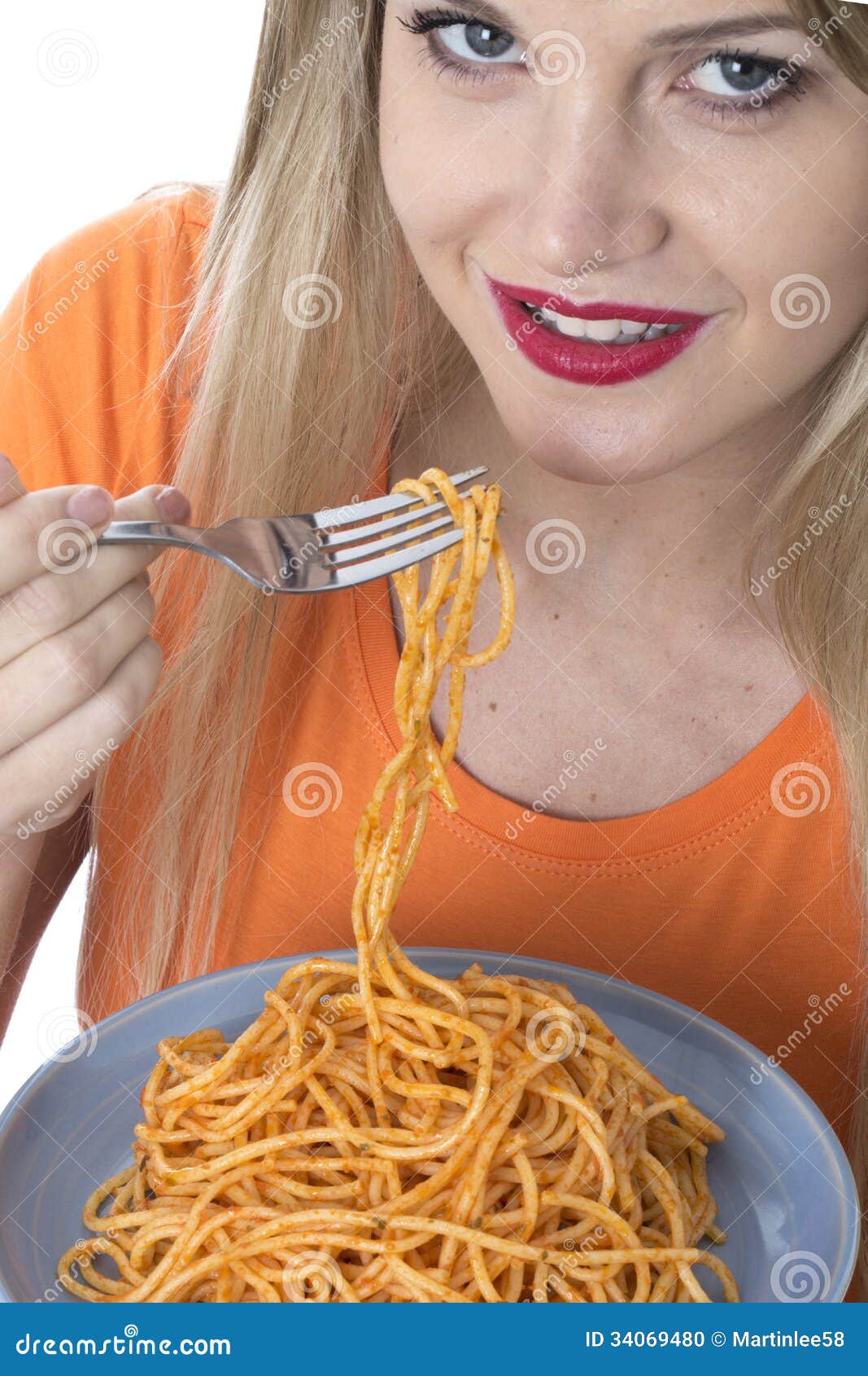 Young Woman Eating Spaghetti Pasta Stock Photo - Image of meal, slim ...