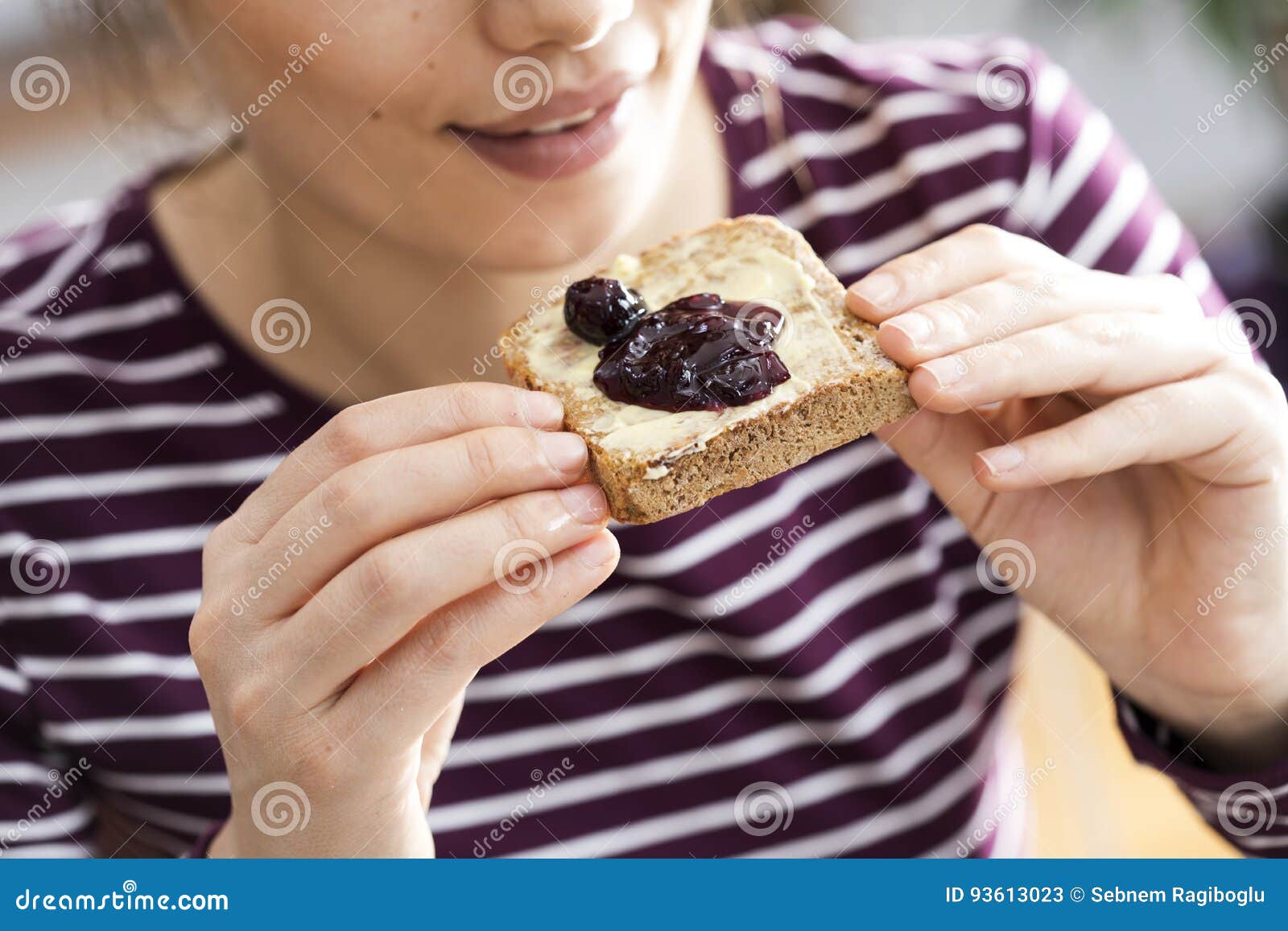 Young Woman Eating Toast Bread with Jam Stock Image - Image of close ...