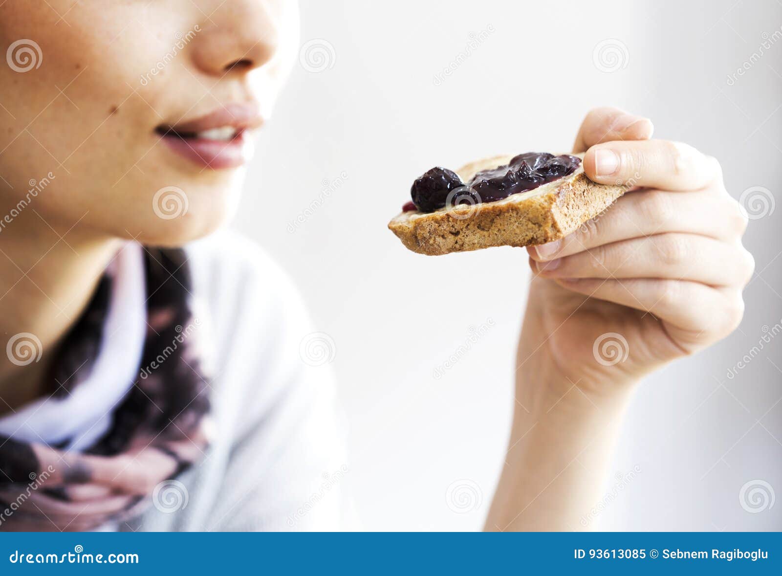 Young Woman Eating Toast Bread with Jam Stock Image - Image of sliced ...