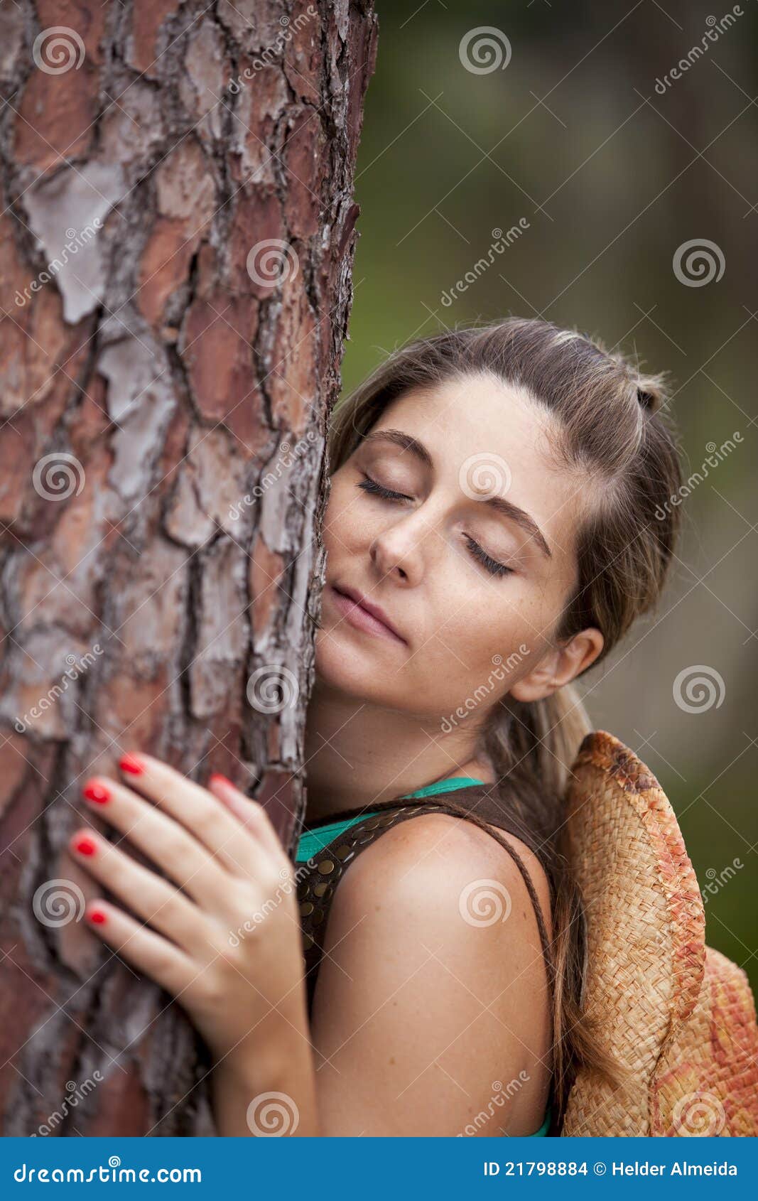 Young Woman Embracing a Tree Stock Photo - Image of copy, happiness ...