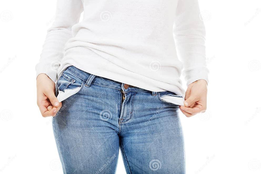 Young Woman with Empty Pockets Stock Image - Image of empty, blue: 77079289