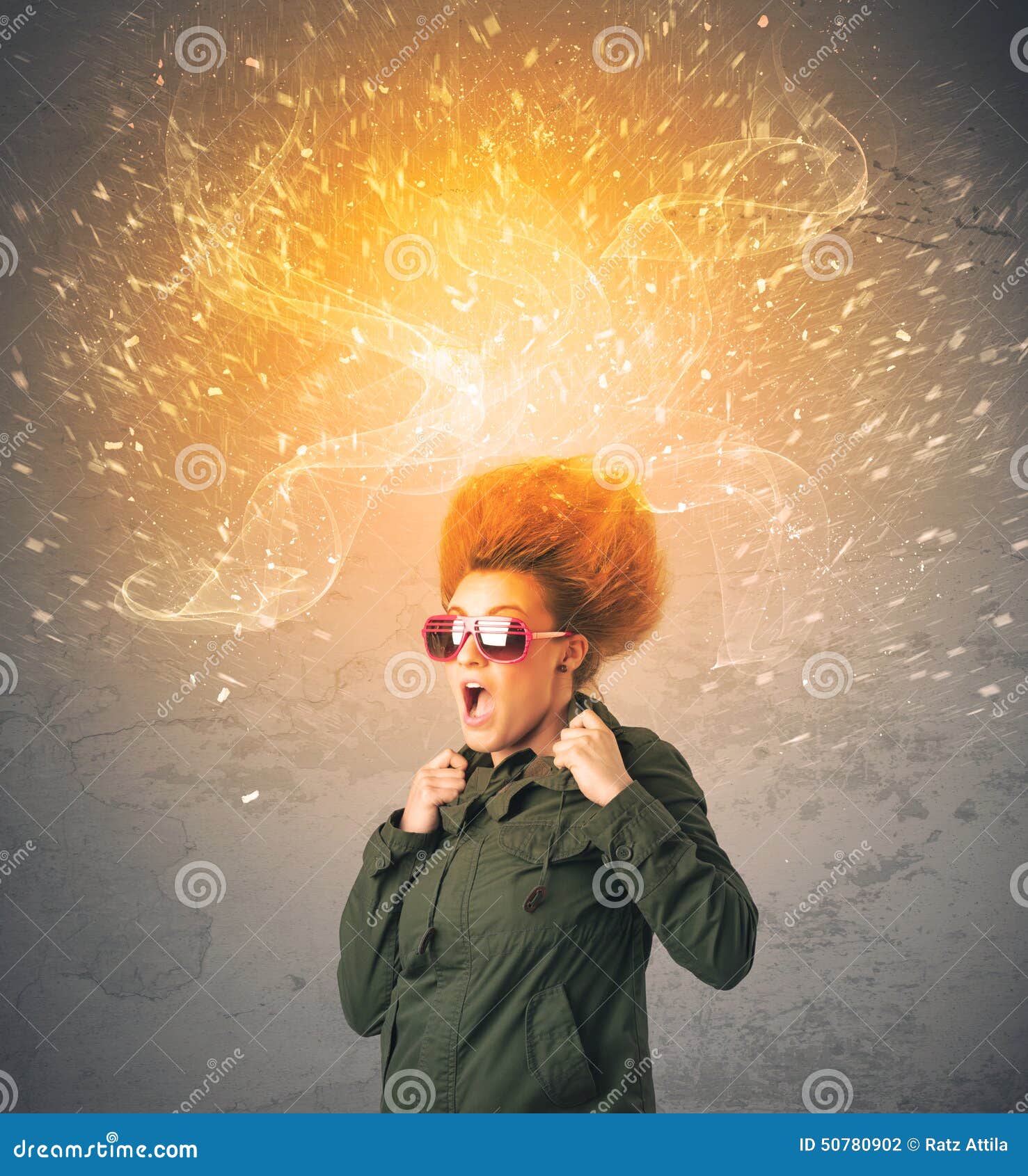 Young Woman with Energetic Exploding Red Hair Stock Photo - Image of ...