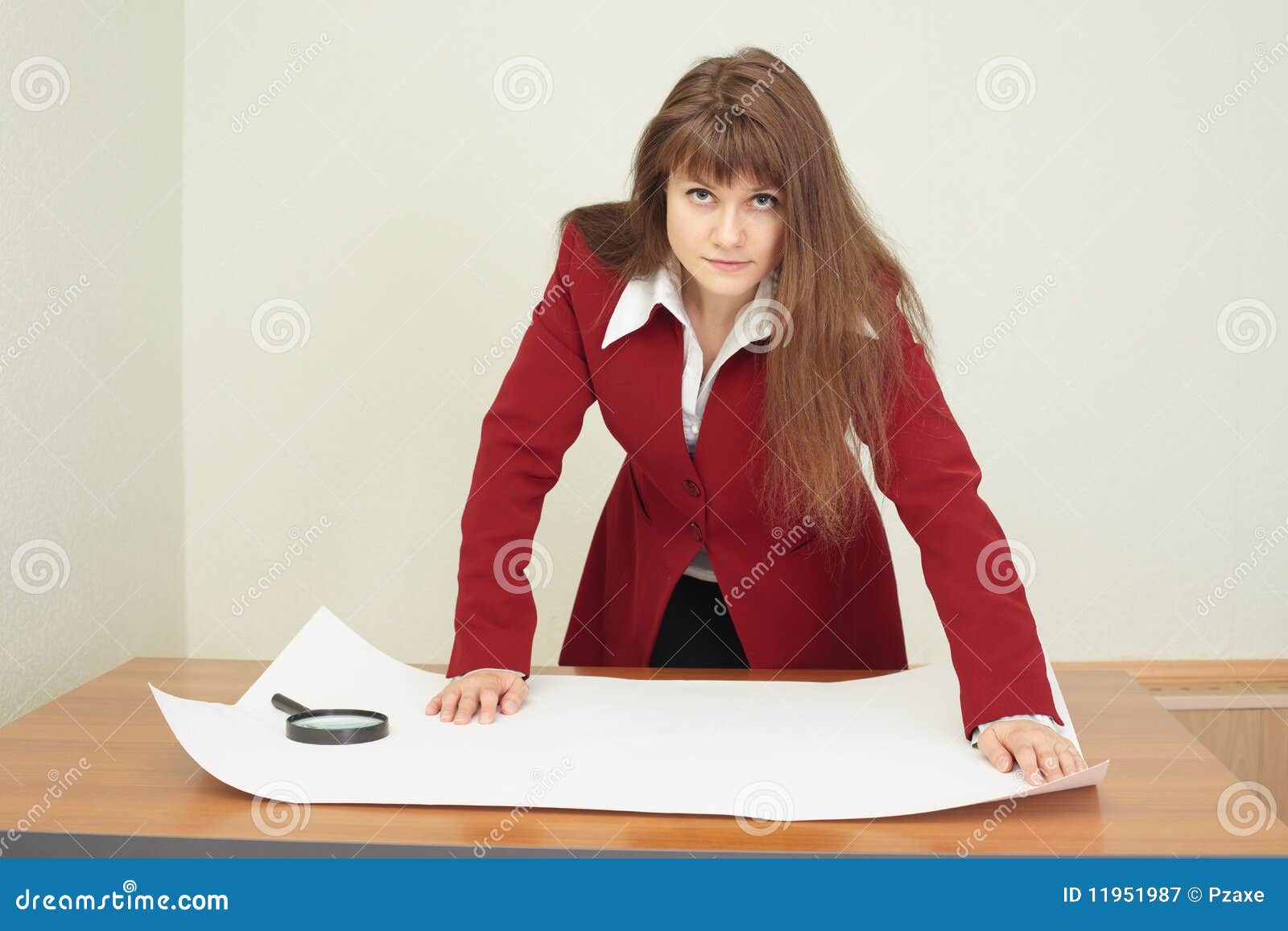 Young Woman - Engineer Works with Big Drawing Stock Image - Image of ...