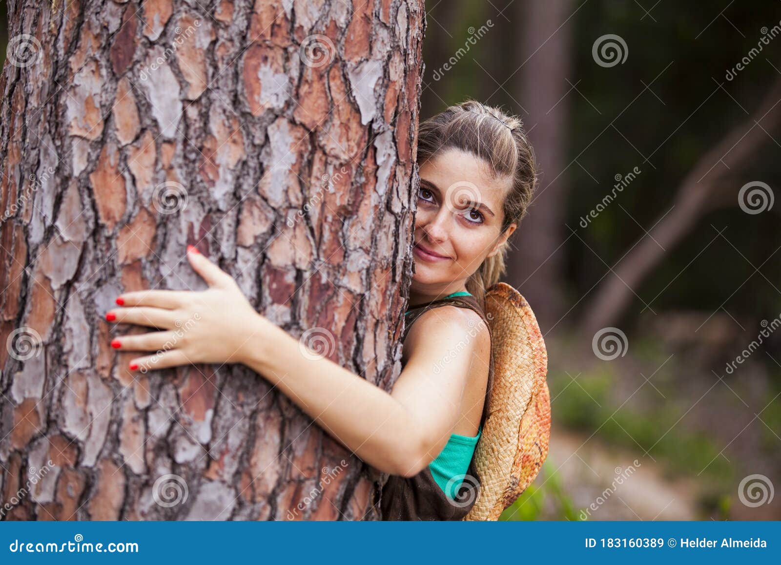 Young Woman Embracing A Tree Stock Image Image Of Beautiful Green