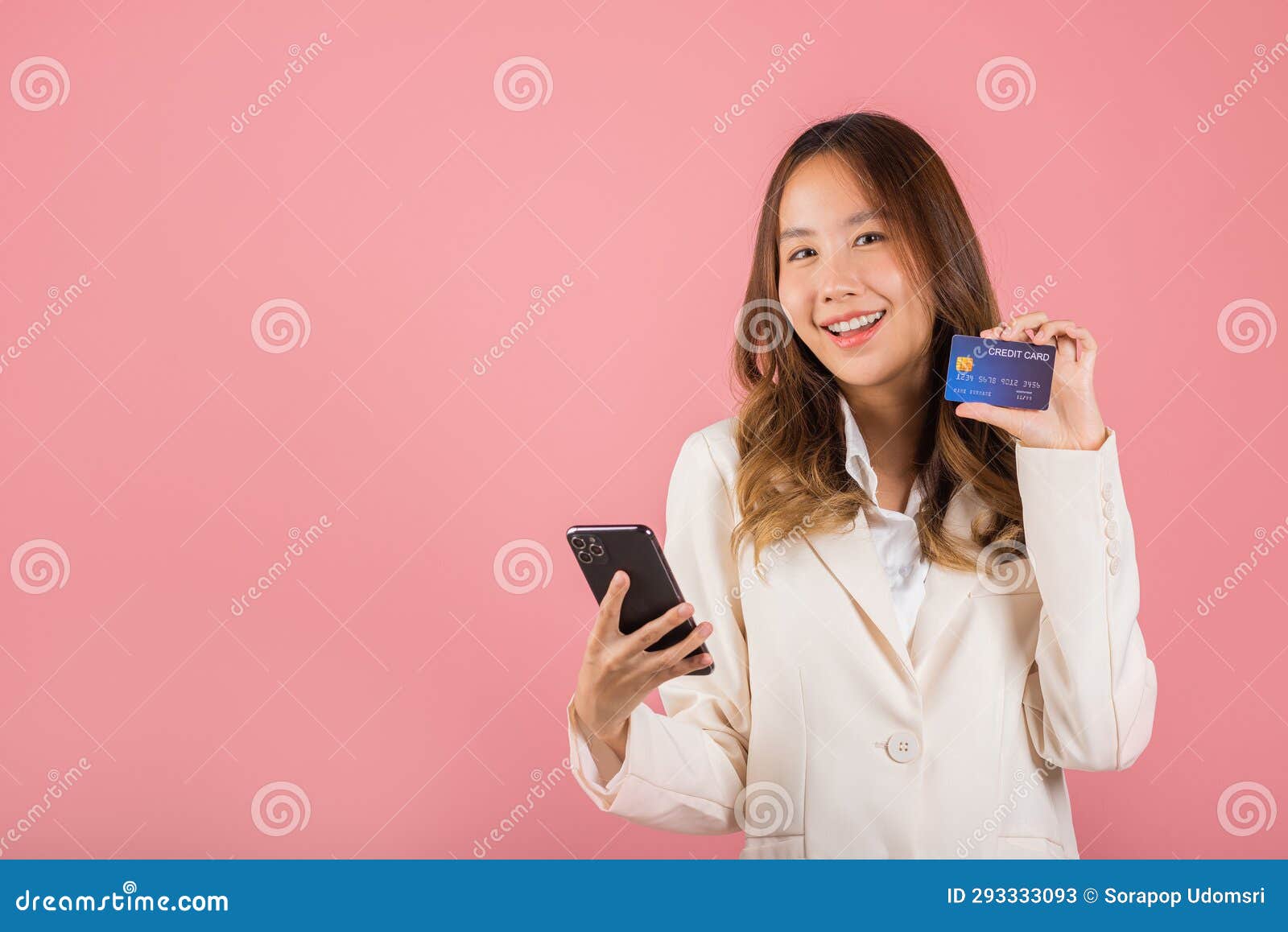 Young Woman Excited Smiling Hold Mobile Phone And Plastic Debit Credit