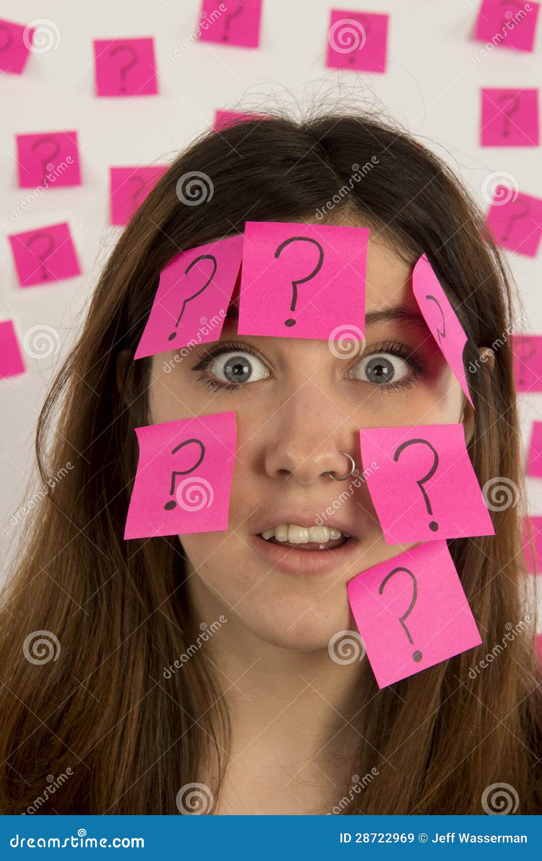 Young Woman Face Covered in Question Mark Stickies Stock Image - Image ...