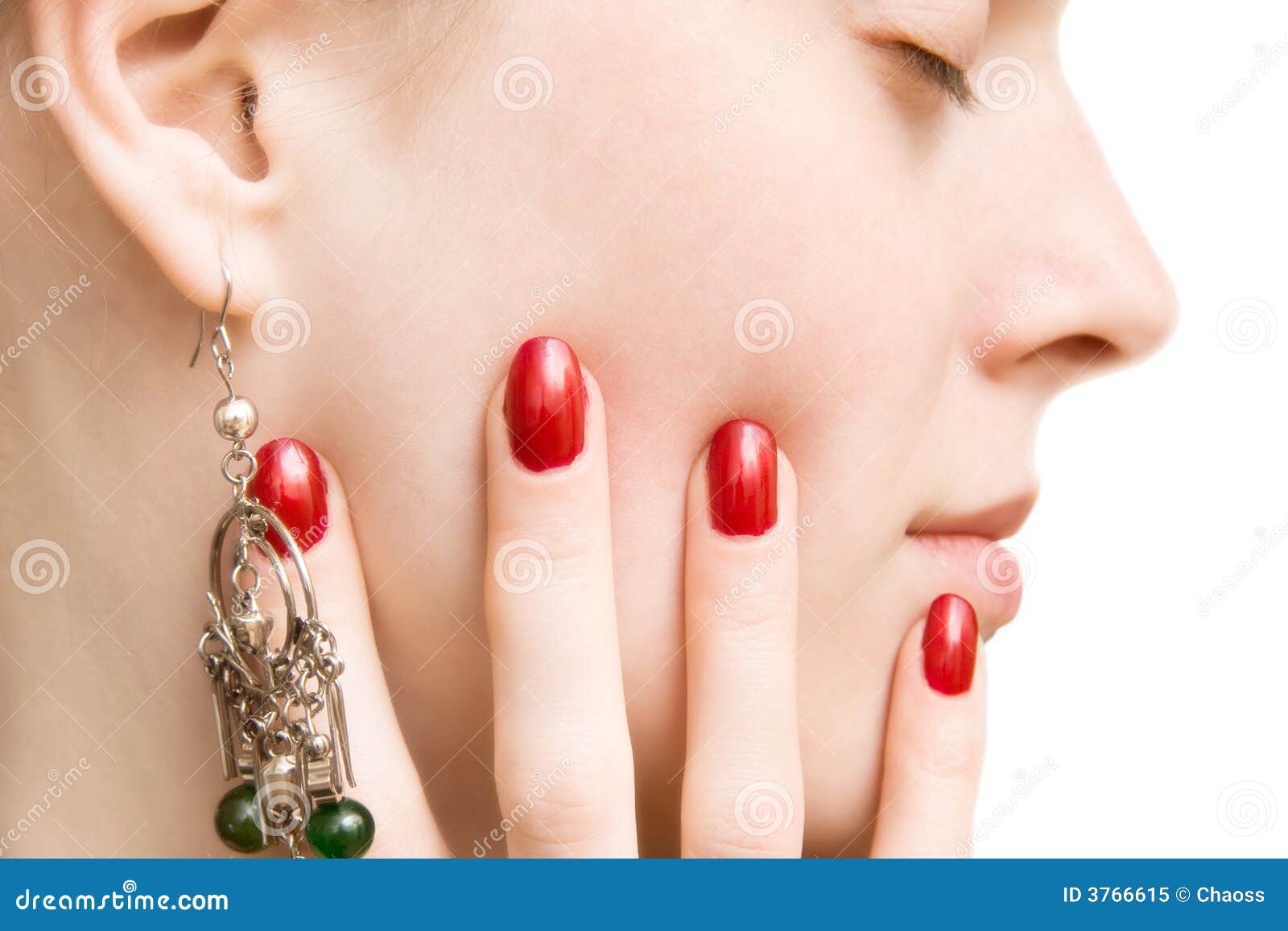 Young Woman Face and Hand with Red Nails Stock Image - Image of closeup ...