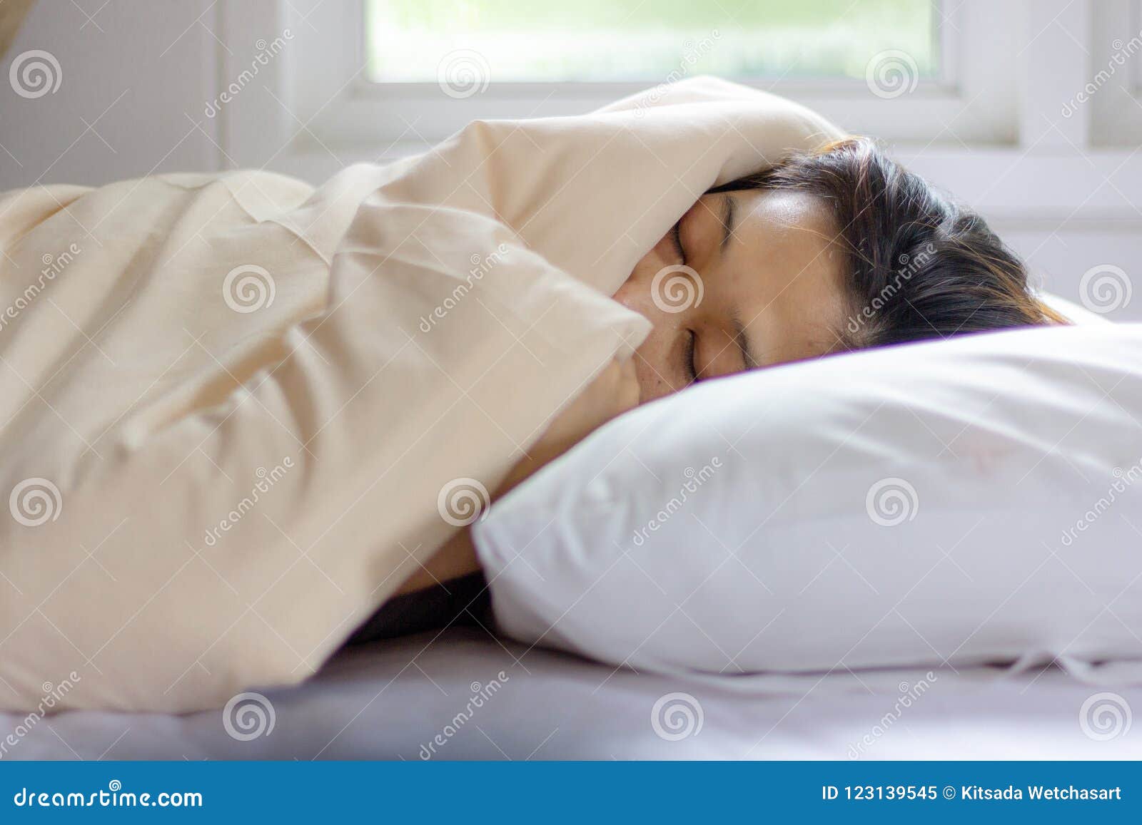 Young Woman Face Sleeping while Lying in White Bed Stock Image - Image ...