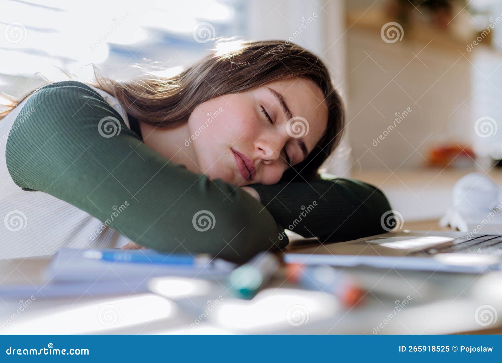 Young Woman Fall Asleep at a Table during Learning. Stock Image - Image ...