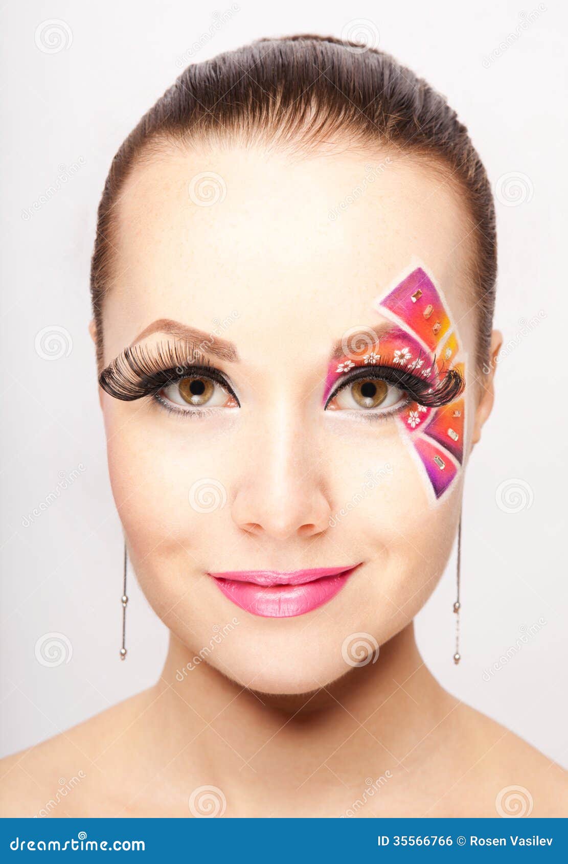 Young Woman with Fashion Makeup Using False Eyelashes Stock Photo ...