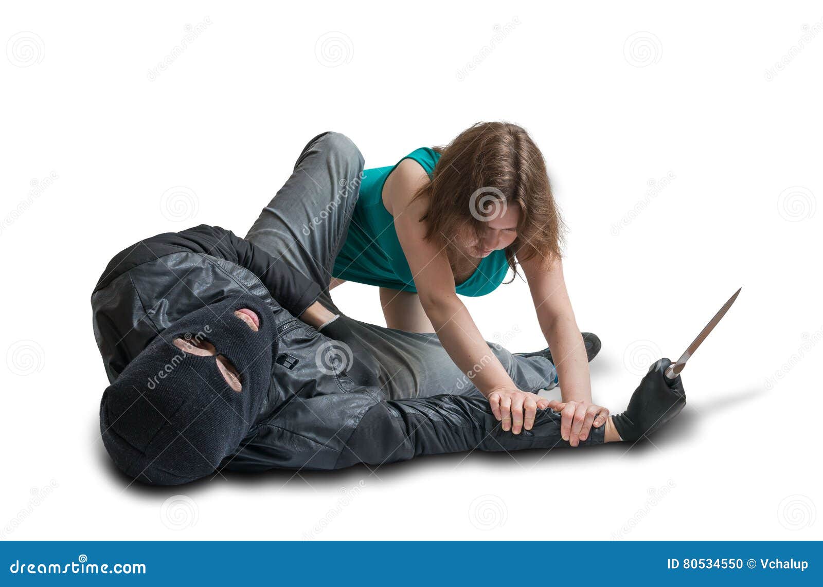 Young Woman Is Fighting With Thief On Street Self Defense Concept