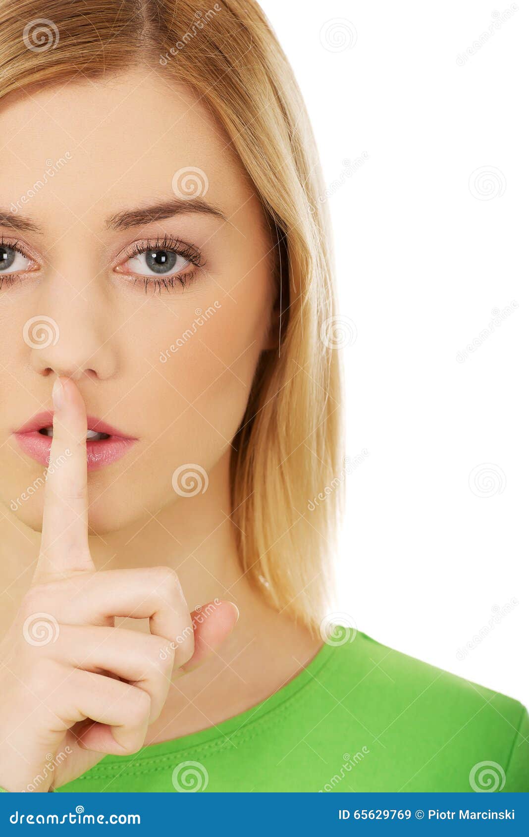 Young Woman with Finger on Lips Stock Image - Image of gesture, mouth ...