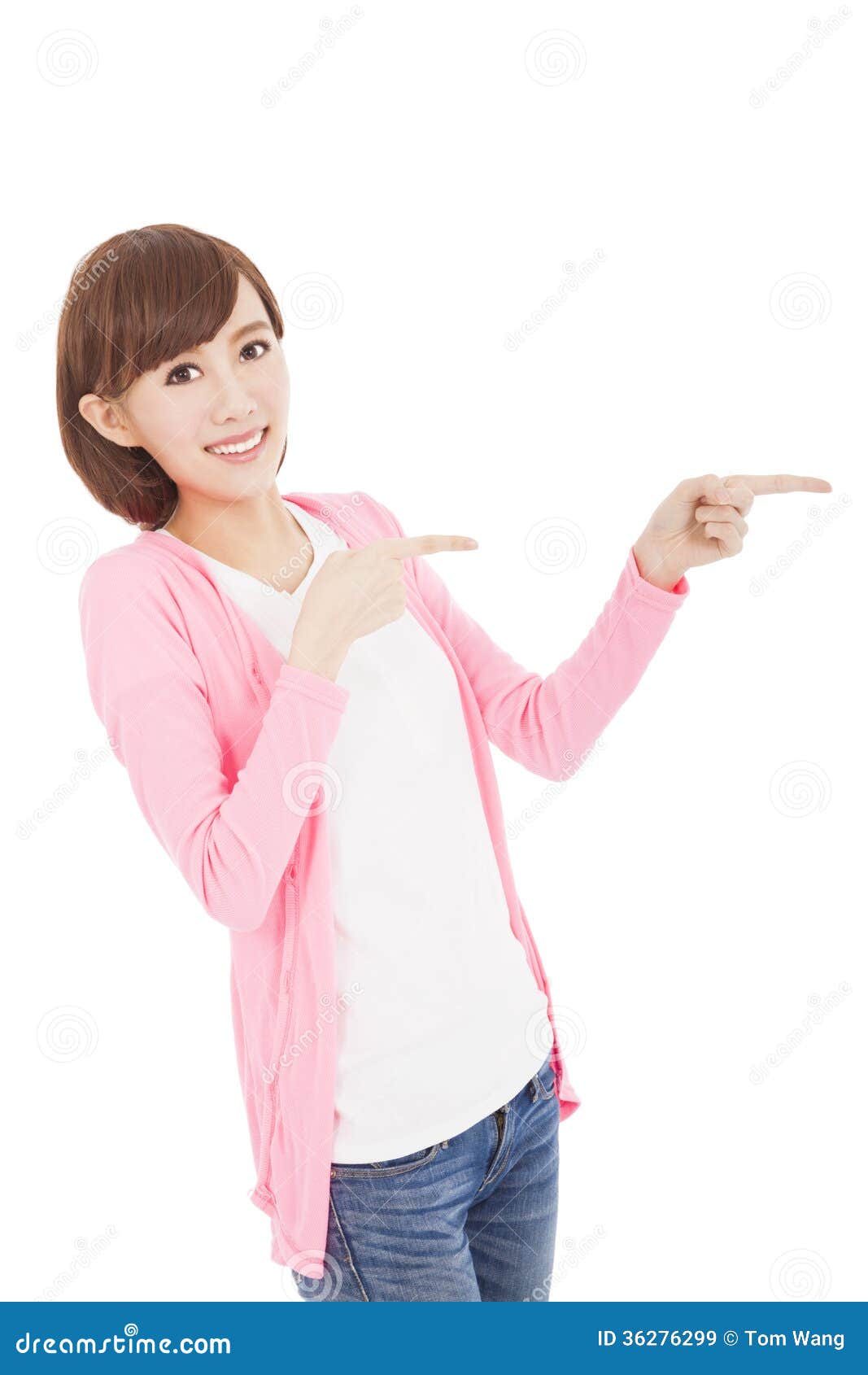 Young Woman Finger Pointing Something Stock Image - Image of cheerful ...