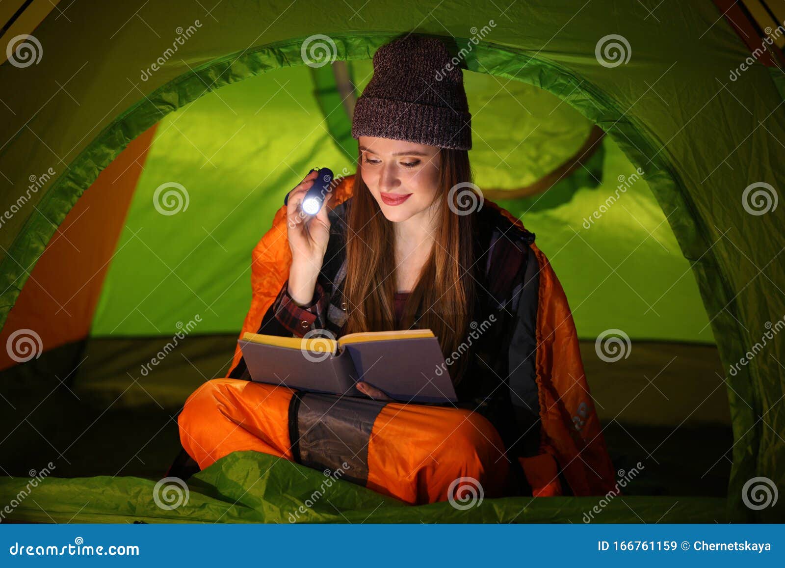 Young Woman with Flashlight Reading Book Stock Image - Image of novel ...