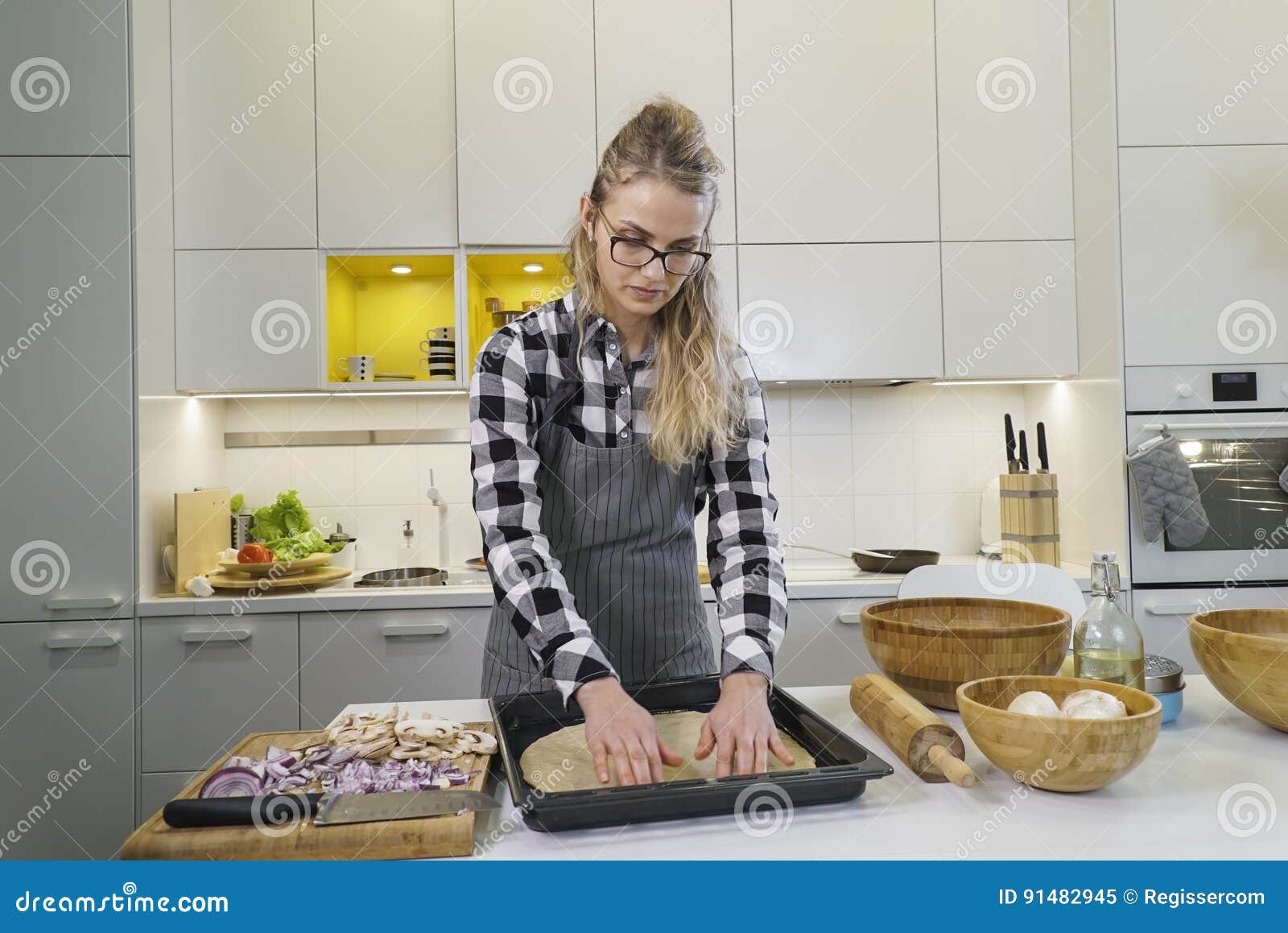 Young Woman Flattening a Dough for Pizza Stock Image - Image of ...