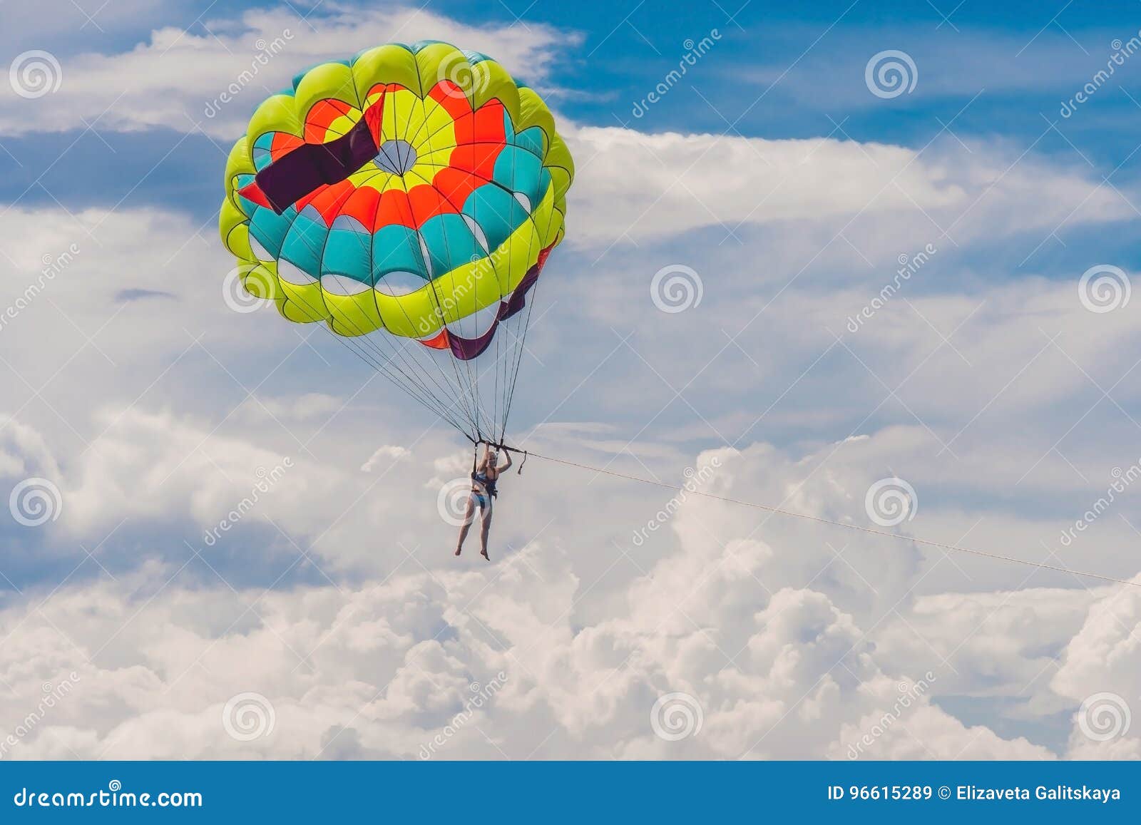 Young Woman Flies on a Parachute among the Clouds Stock Image - Image ...