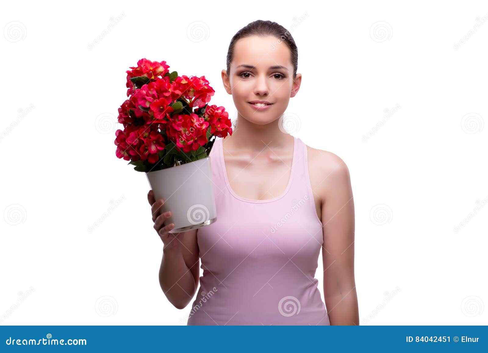 The Young Woman with Flower Pot Isolated on White Stock Image - Image ...