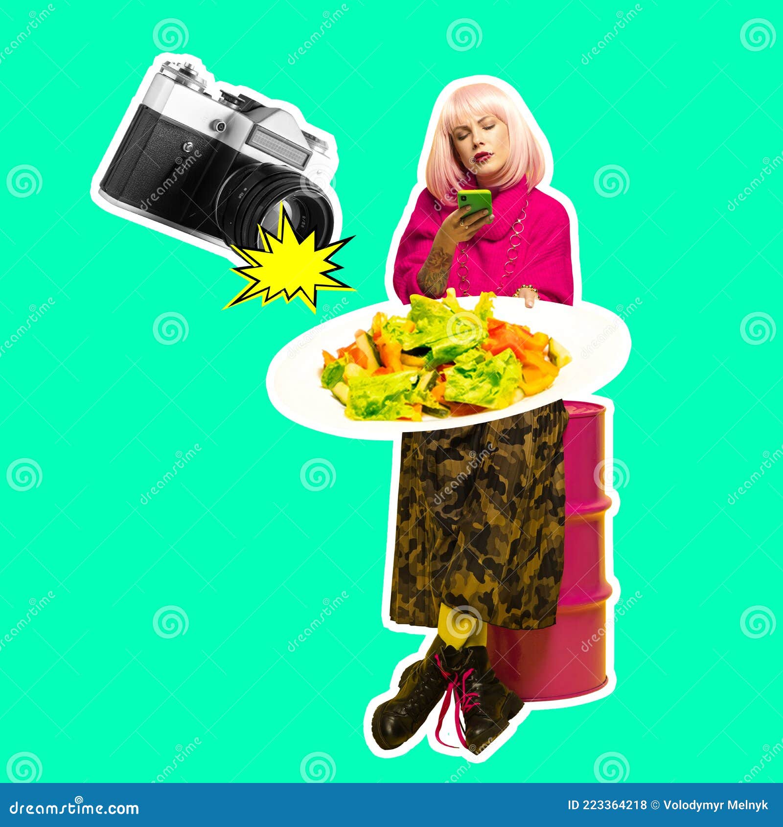Young Woman, Food Blogger Photograph Food Isolated Over Blue Neon ... Young Woman, Food Blogger Photograph Food Isolated Over Blue Neon ...