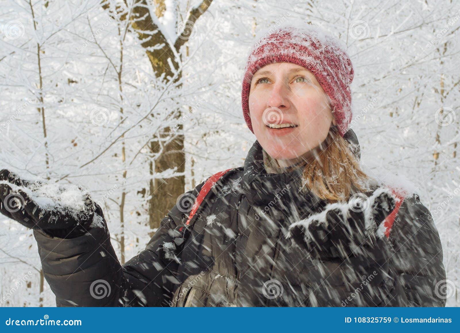 Young Woman in the Forest in the Snow Stock Image - Image of weather ...