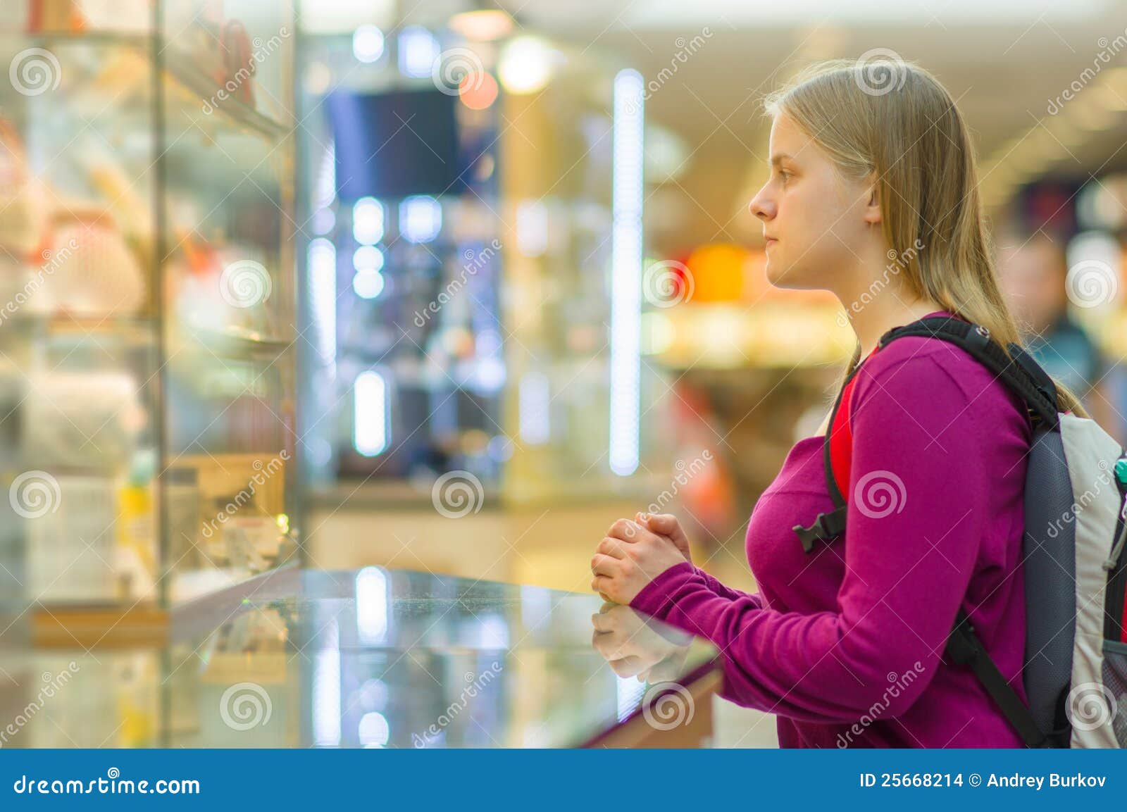 Young Woman in Front of Shopping Windows Stock Photo - Image of product ...
