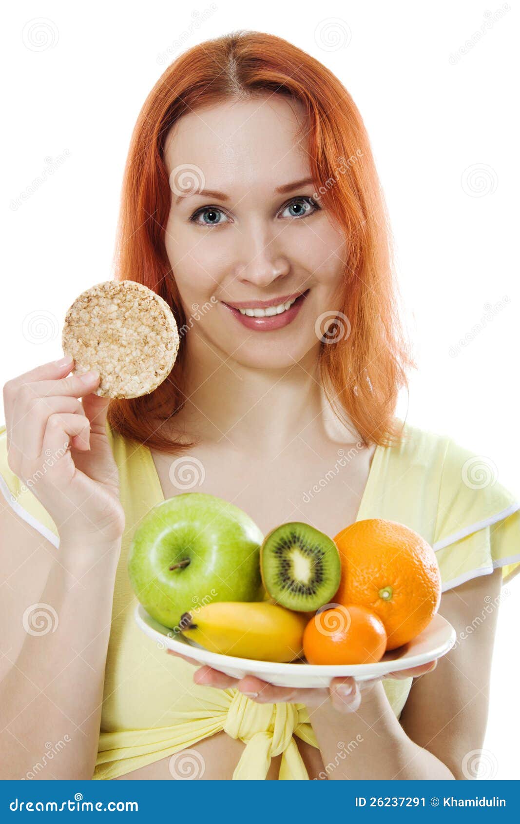 Young Woman with Fruit on a Plate and Loaves Stock Image - Image of ...
