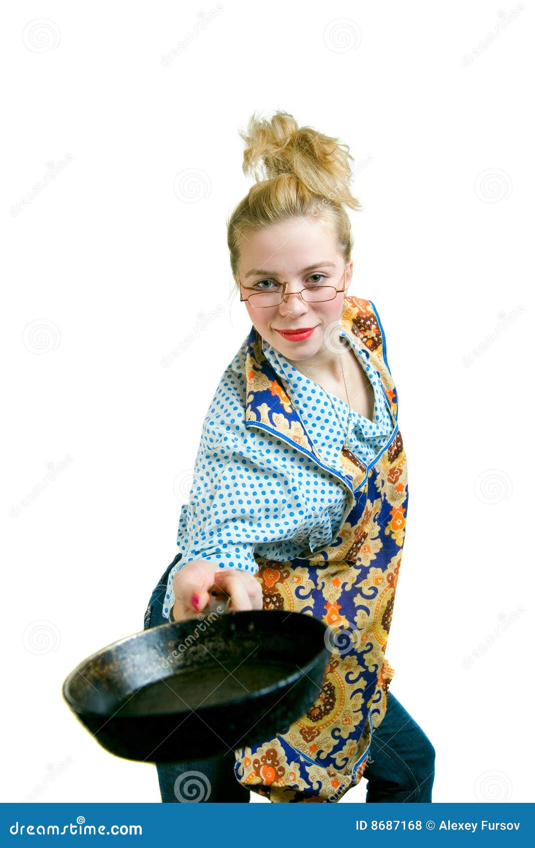 Young Woman with Frying Pan Stock Photo - Image of clothing, frying ...