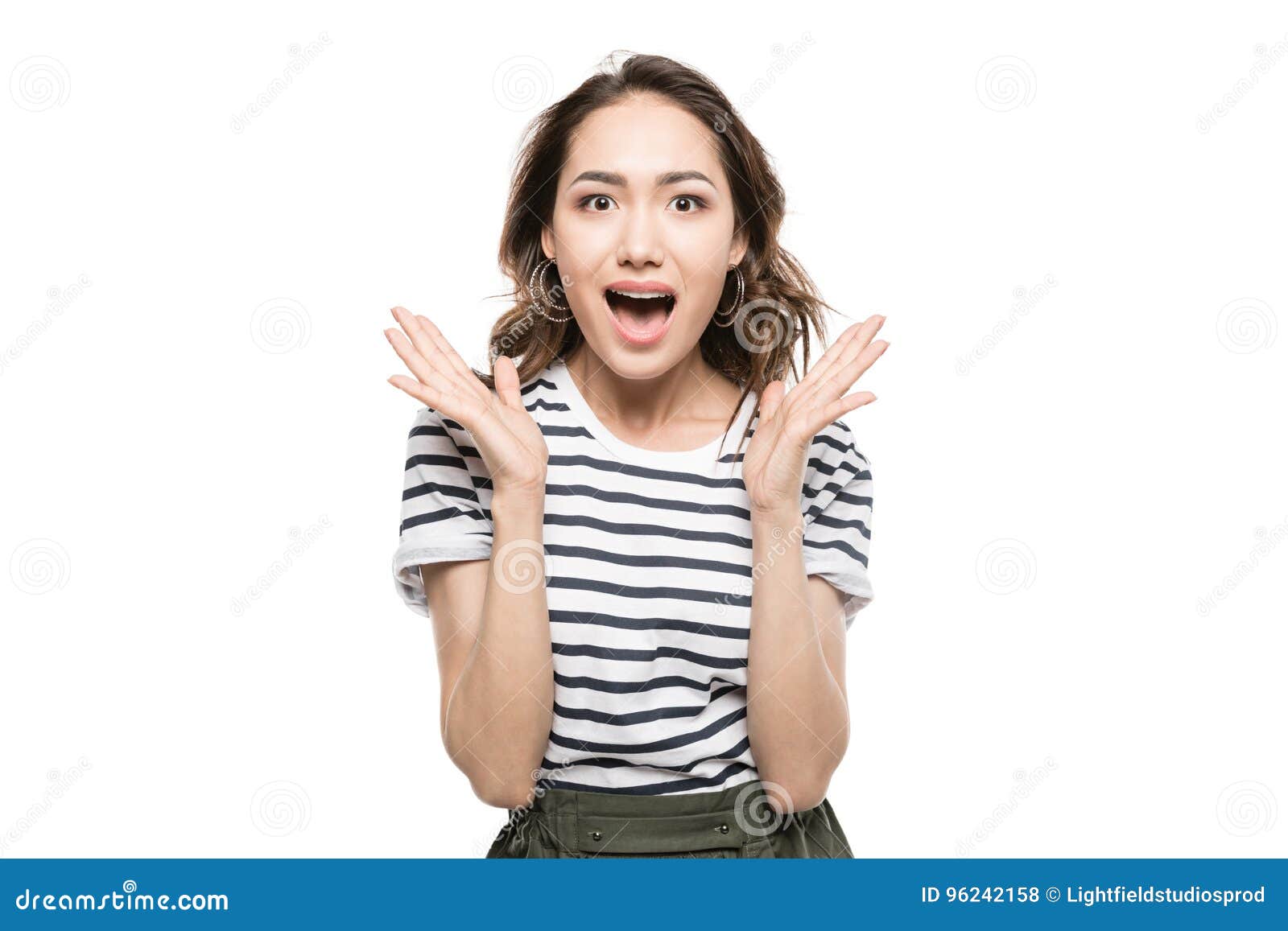 Young Woman Gesturing Open Hands and Looking at Camera Stock Photo ...