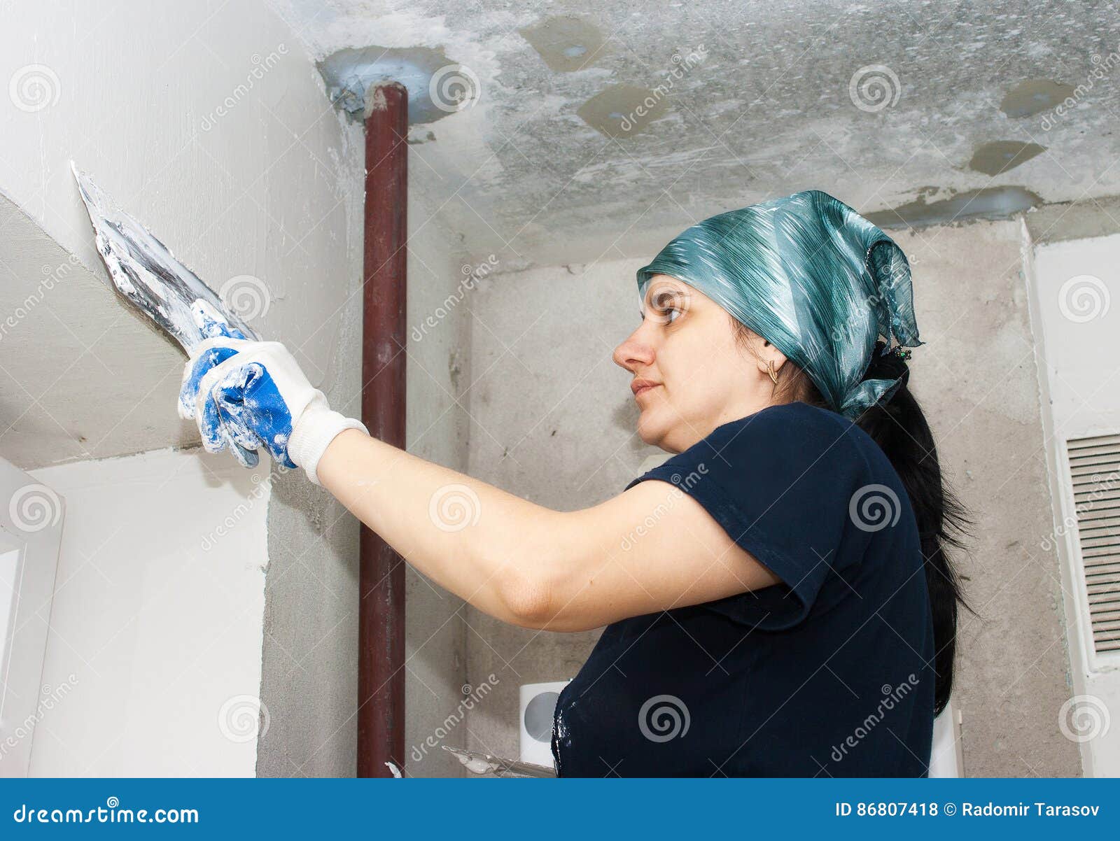 Young Woman Geting Plaster Wall Stock Photo - Image of house, repair ...