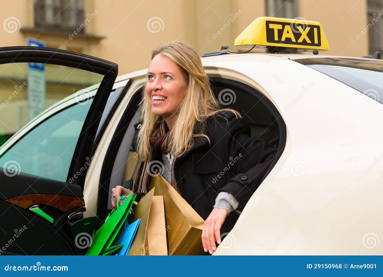 Young Woman Gets Out of Taxi Stock Photo - Image of services, stress ...