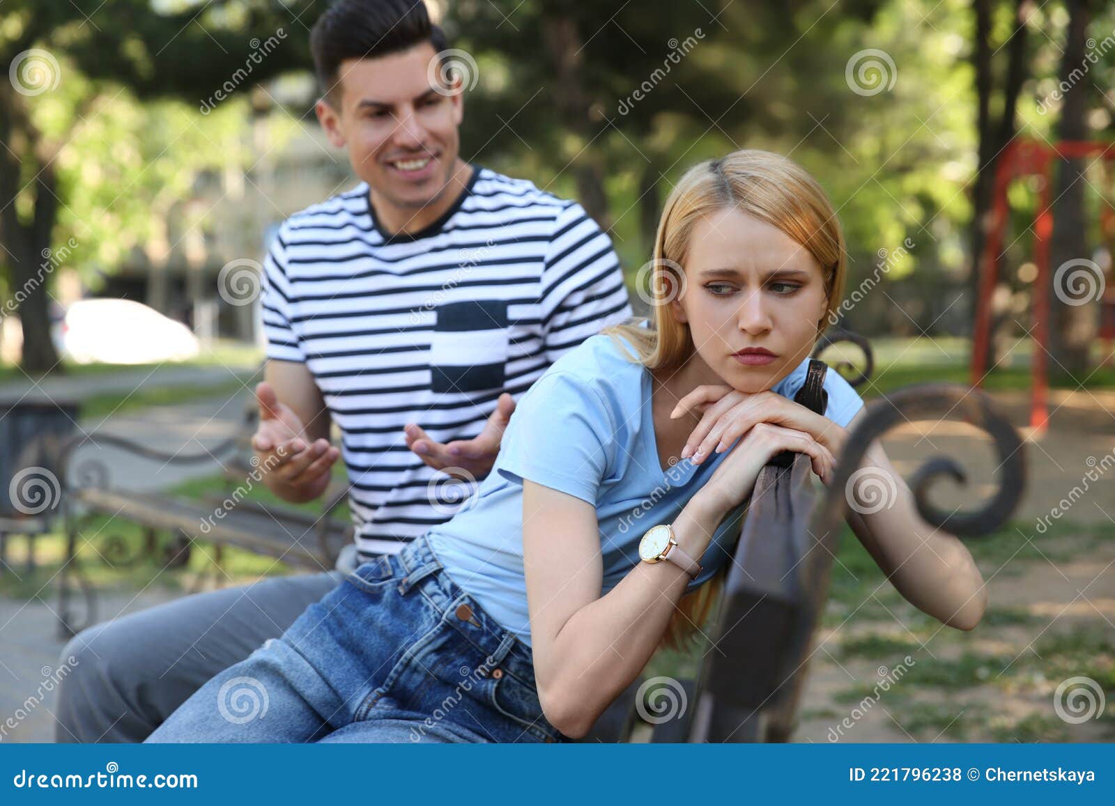 Young Woman Getting Bored during Date with Overtalkative Man in Park ...