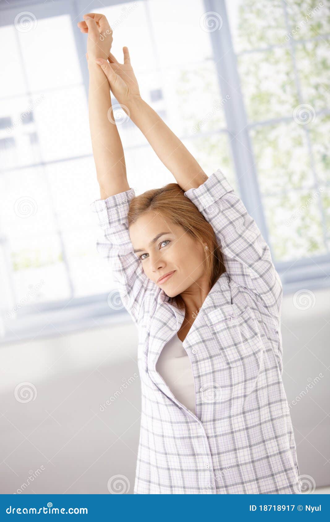 Young Woman Getting Up Stretching in the Morning Stock Image - Image of ...