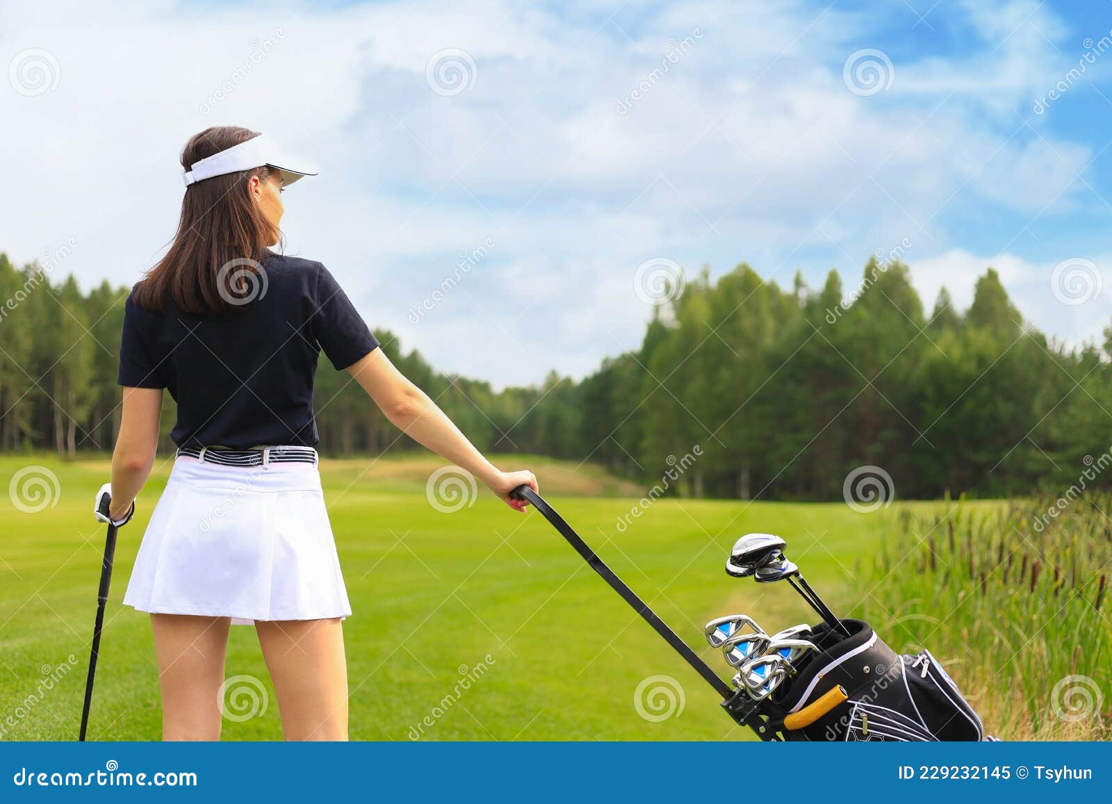 Young Woman on Golf Course, Back View. Stock Image - Image of glove ...