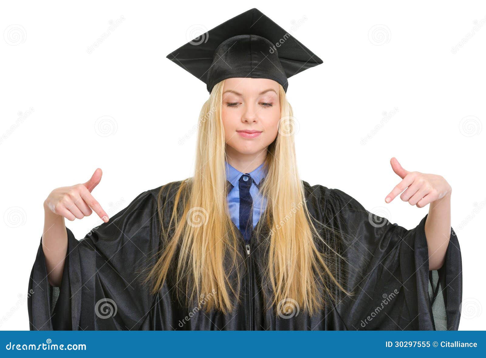 Woman in Graduation Gown Pointing Down Stock Image - Image of female ...