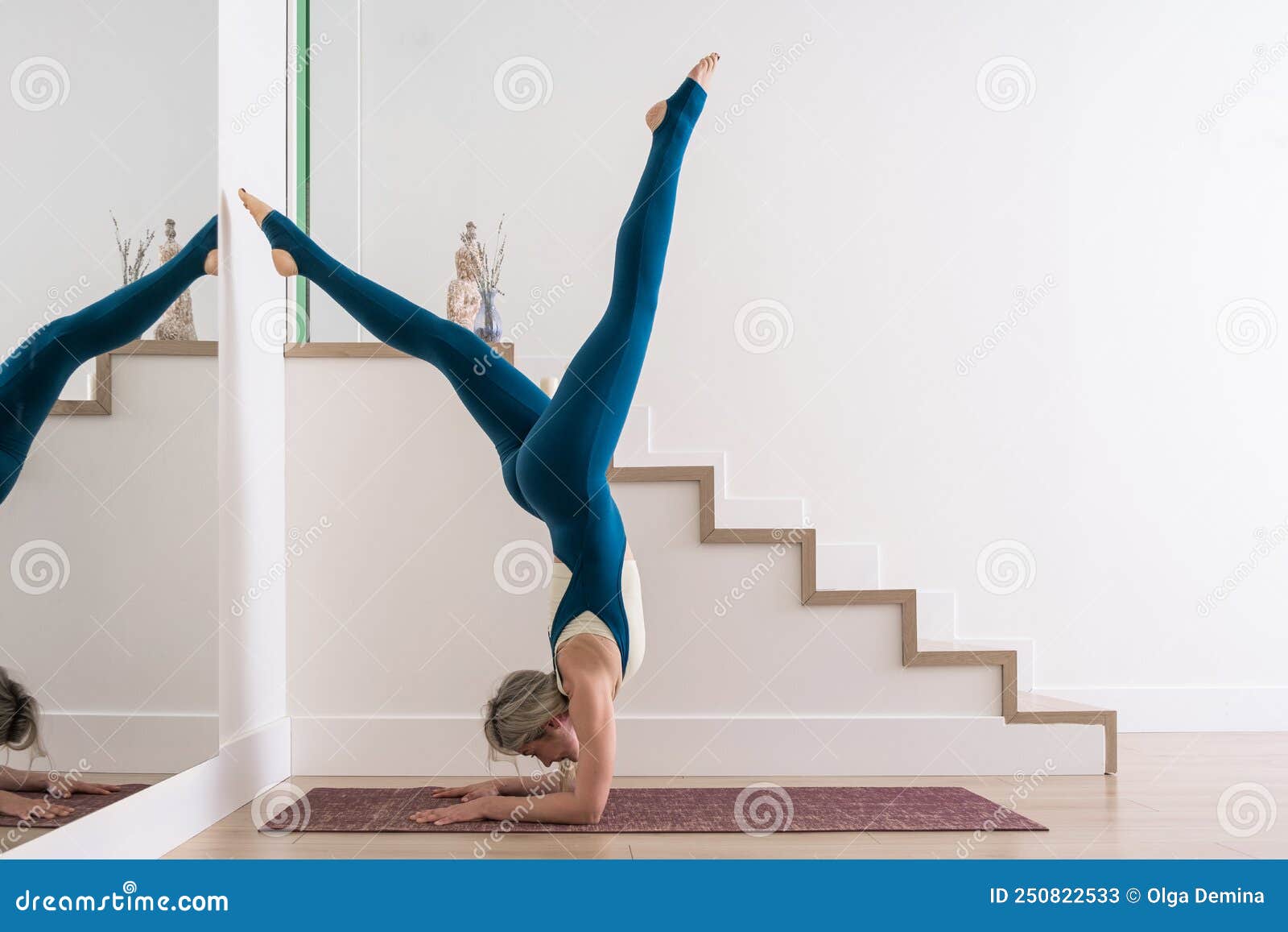 Young Woman Practicing Yoga Poses Stretching in White Studio with ...