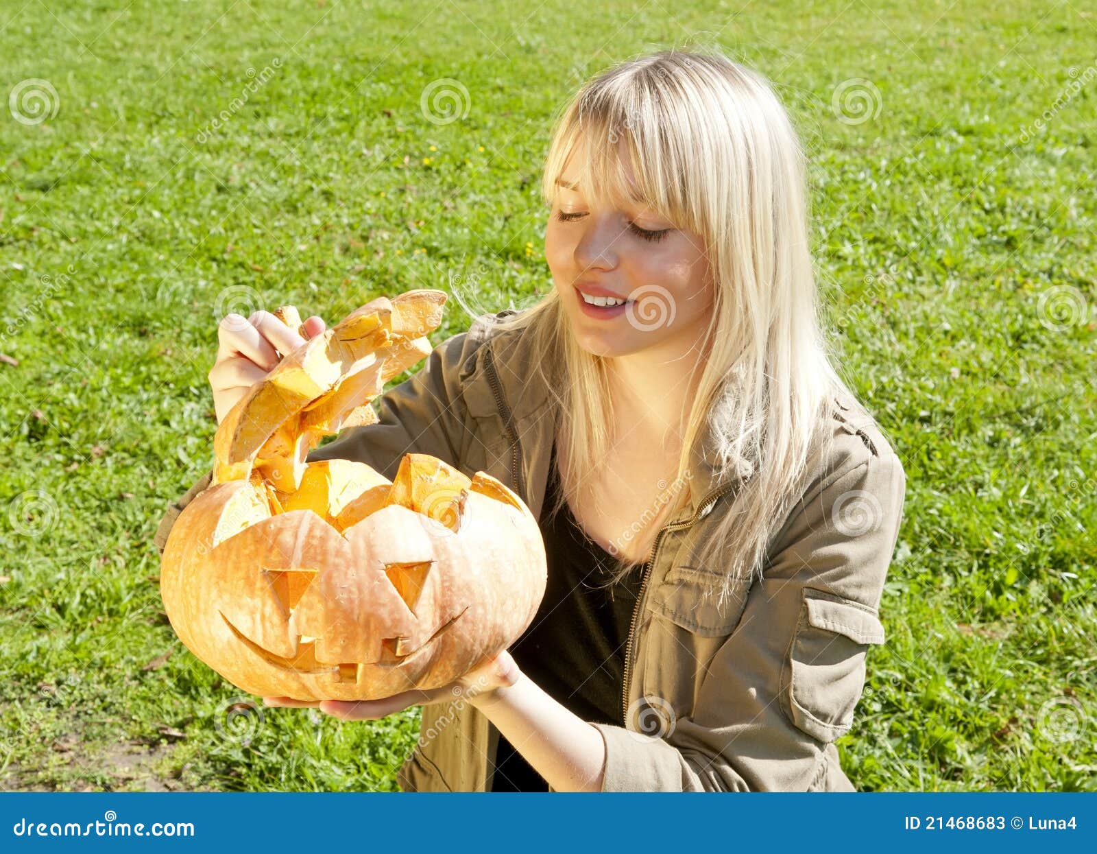 Young Woman with Halloween-pumpkin Stock Image - Image of cheerful ...