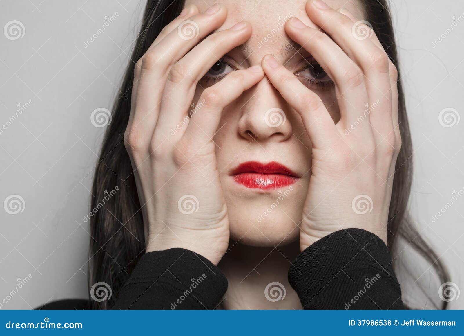 Young Woman Hand Over Face Red Lipstick Stock Photo - Image of girl ...