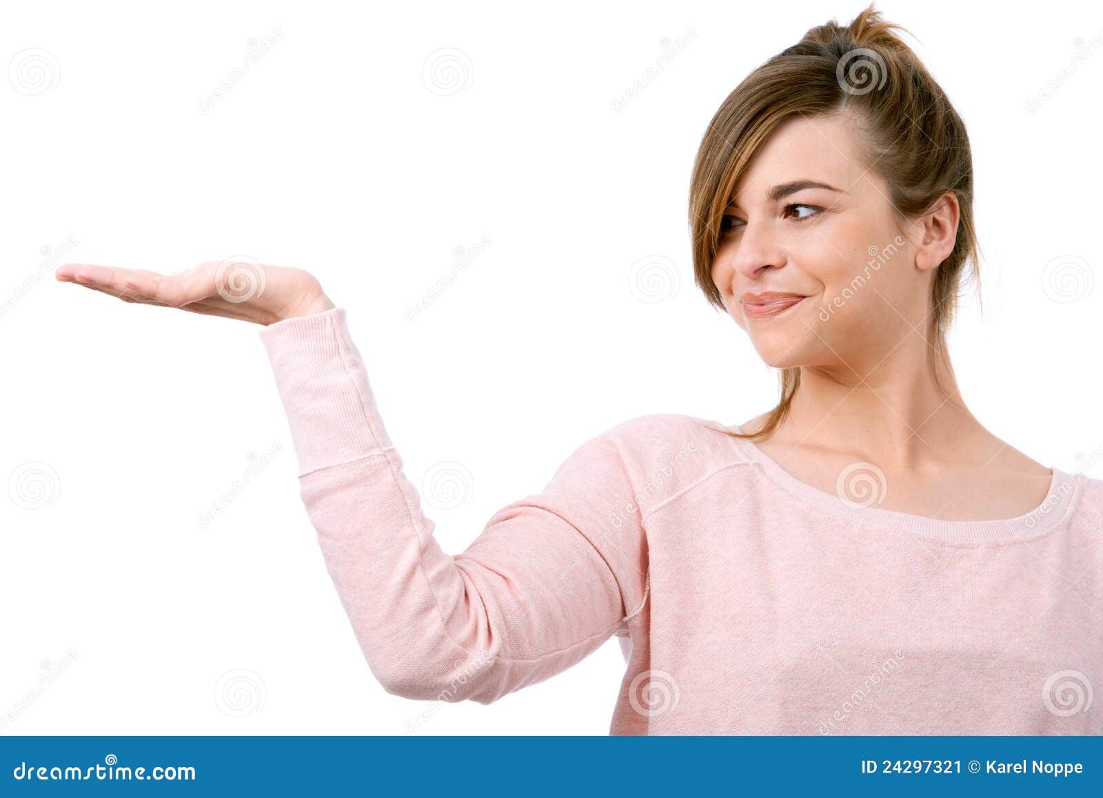 Young Woman with Hand Raised on Copy Space. Stock Image - Image of ...