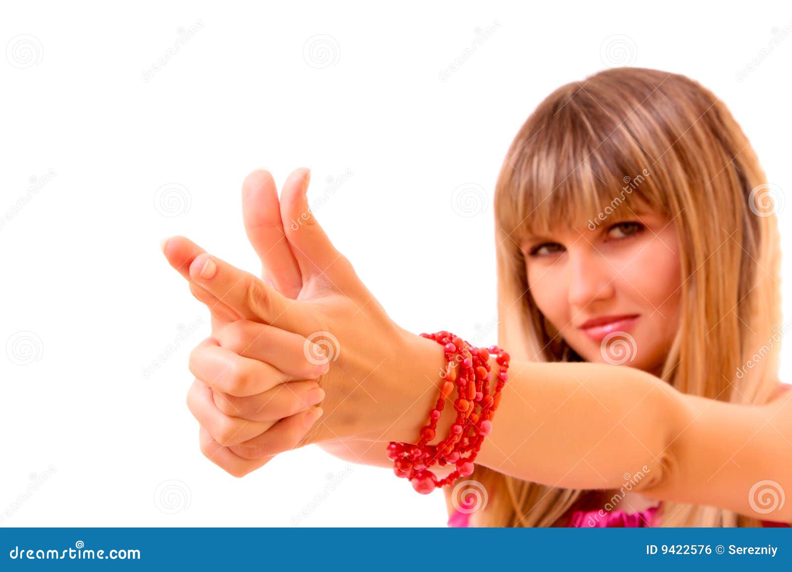 Young Woman with Hands in Gun Form Isolated Stock Photo - Image of ...