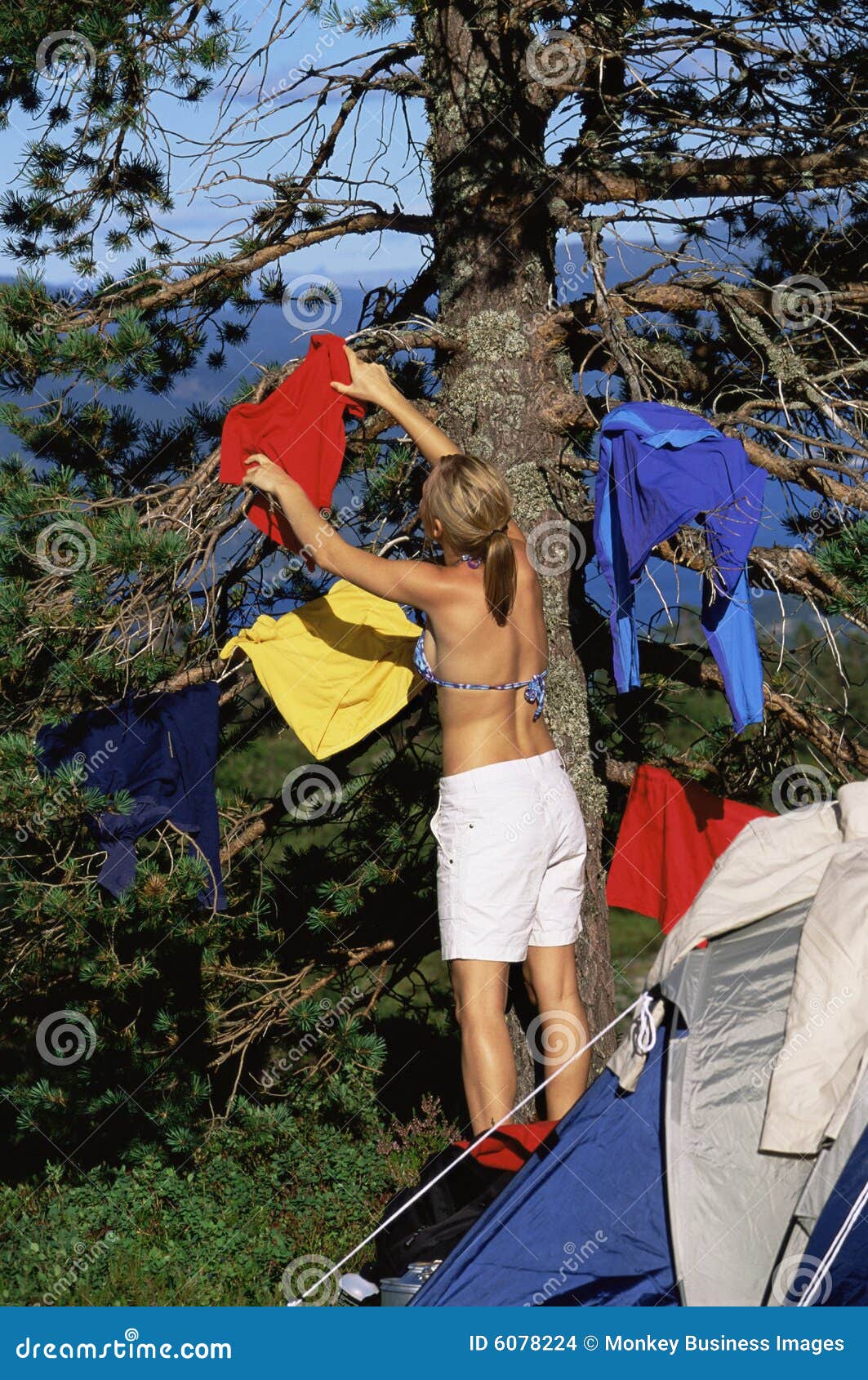 Young Woman Hanging Out Washing on a Tree Stock Photo - Image of ...