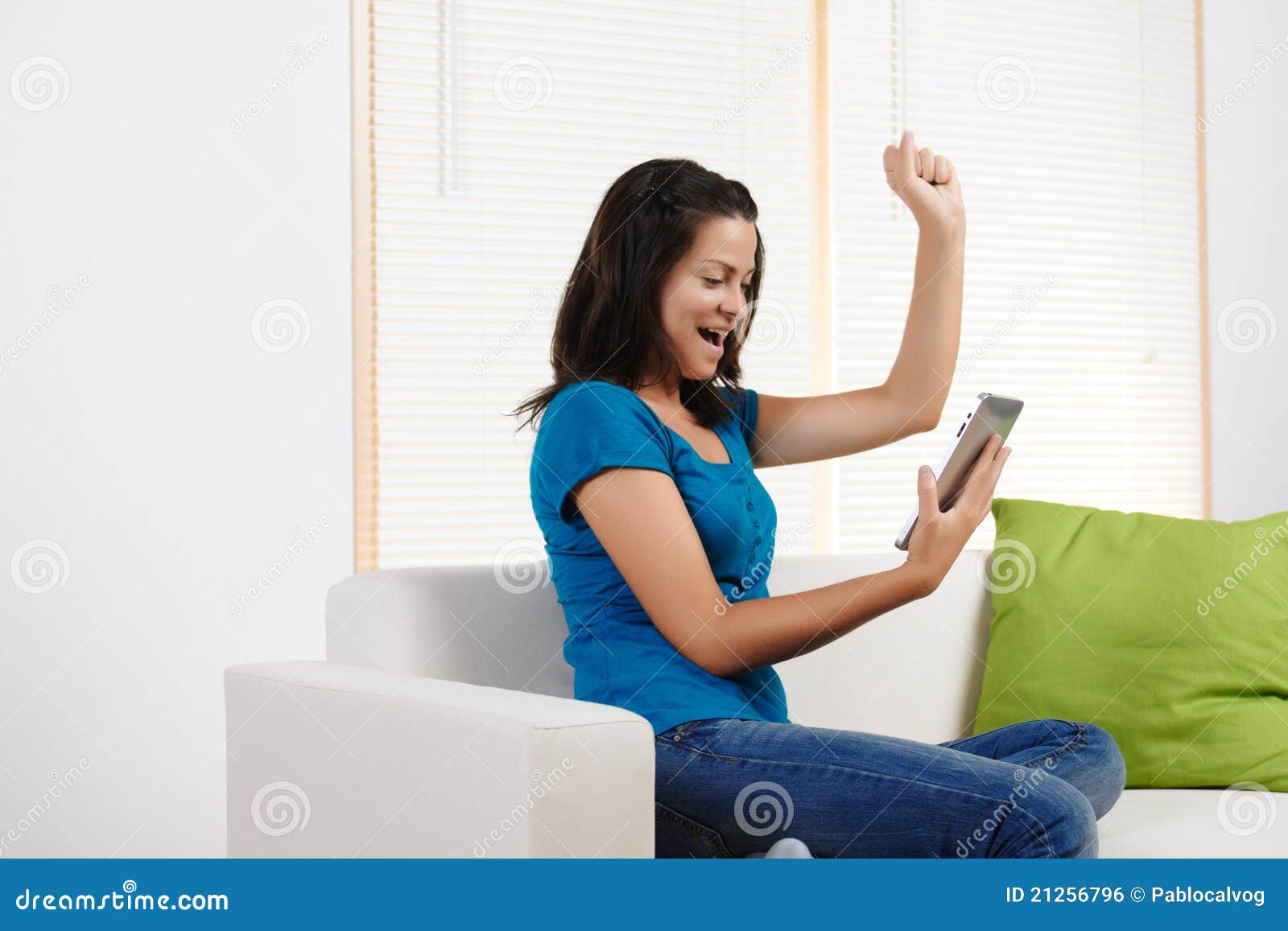 Young Woman Happy Using a Tablet PC Stock Photo - Image of light ...
