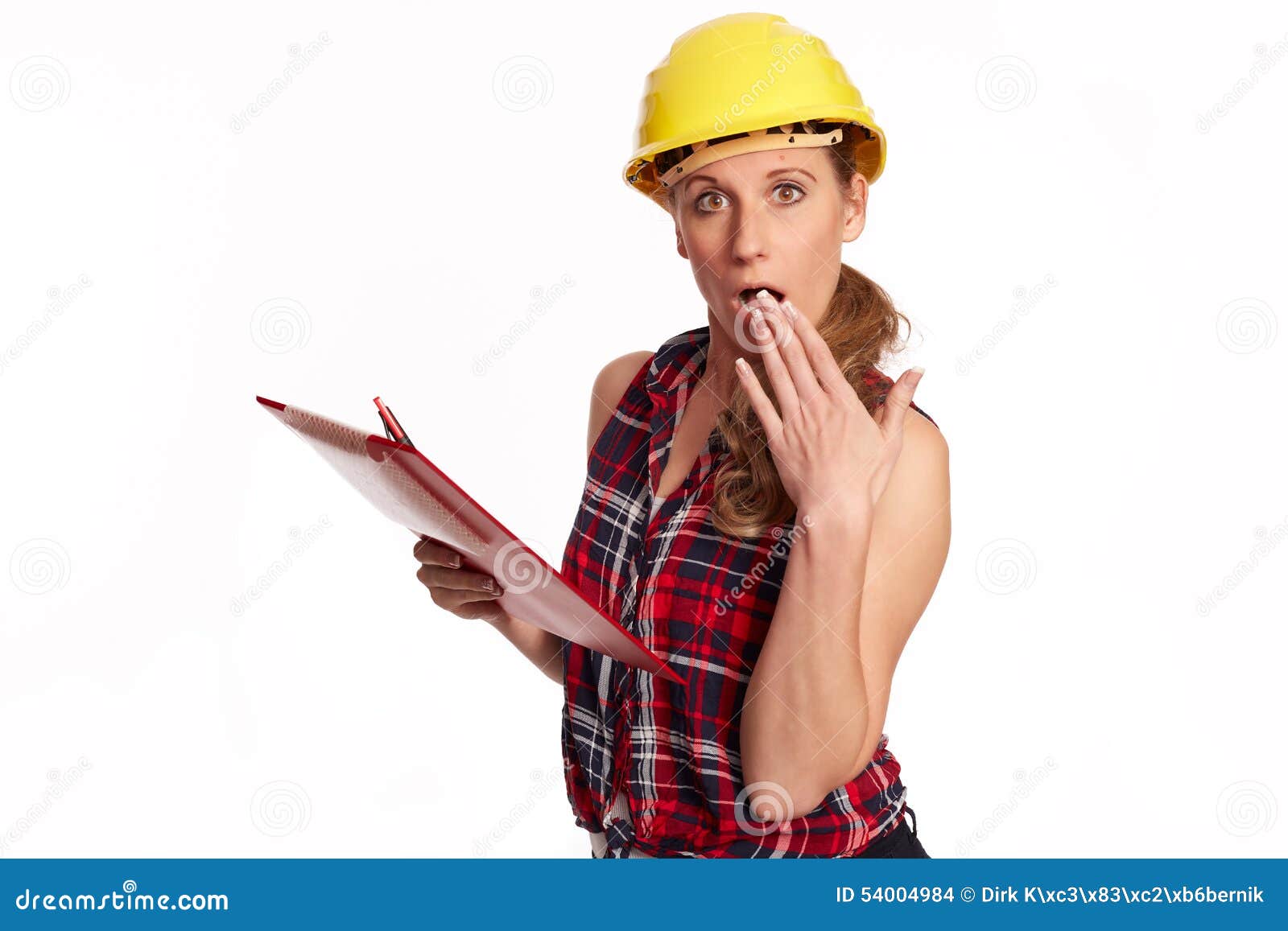 Young Woman with Hard Hat and Writing Board Stock Photo - Image of show ...