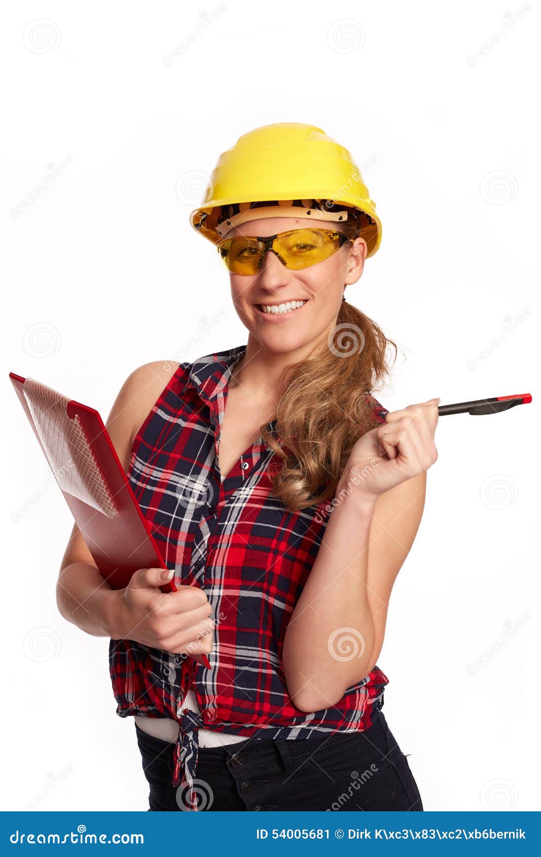Young Woman with Hard Hat and Writing Board Stock Image - Image of ...