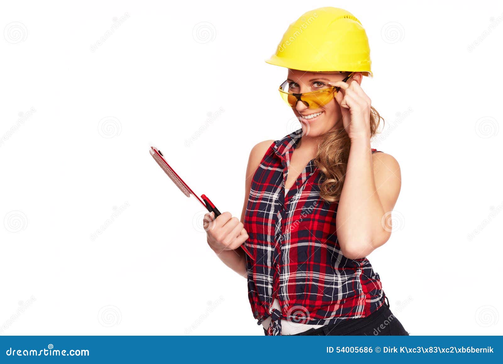 Young Woman with Hard Hat and Writing Board Stock Photo - Image of jung ...