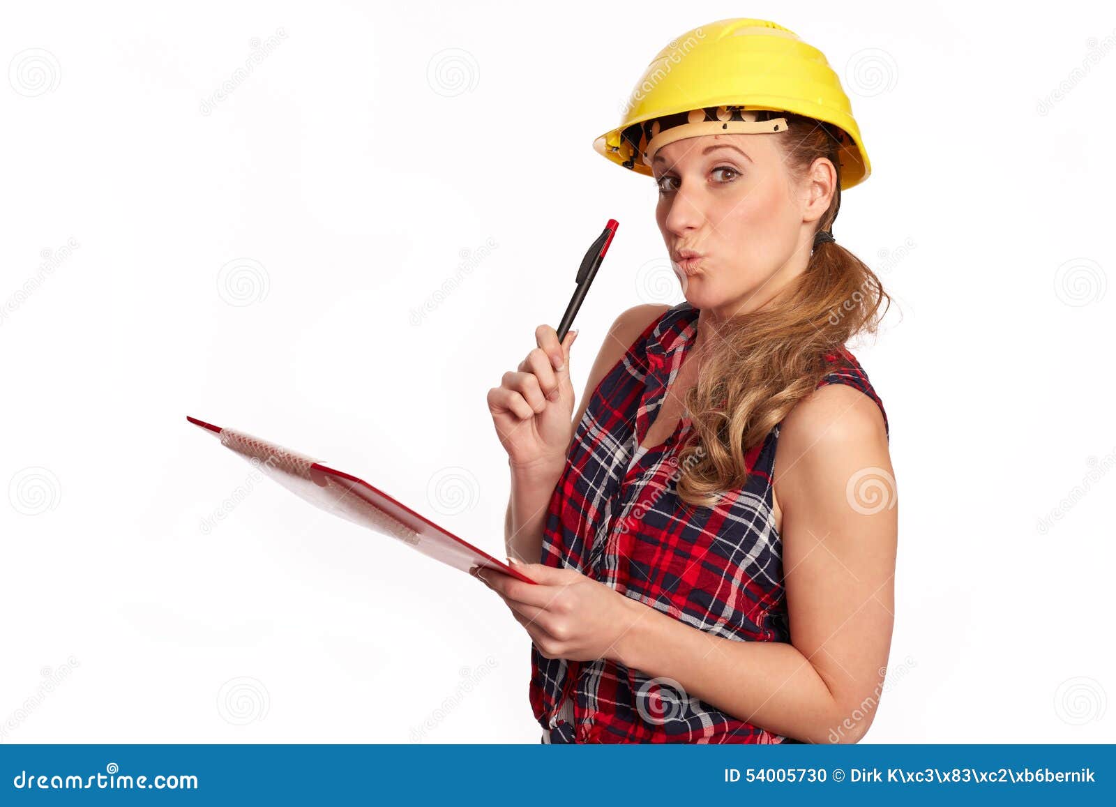 Young Woman with Hard Hat and Writing Board Stock Photo - Image of ...