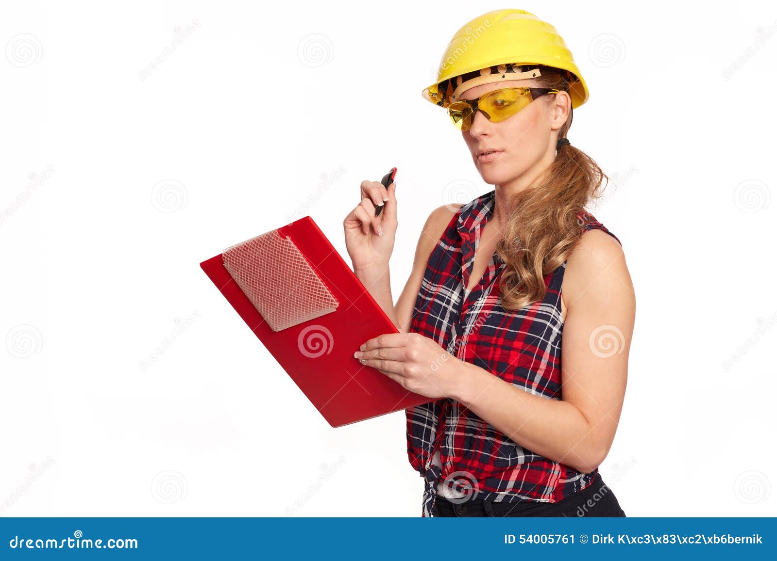 Young Woman with Hard Hat and Writing Board Stock Image - Image of jung ...